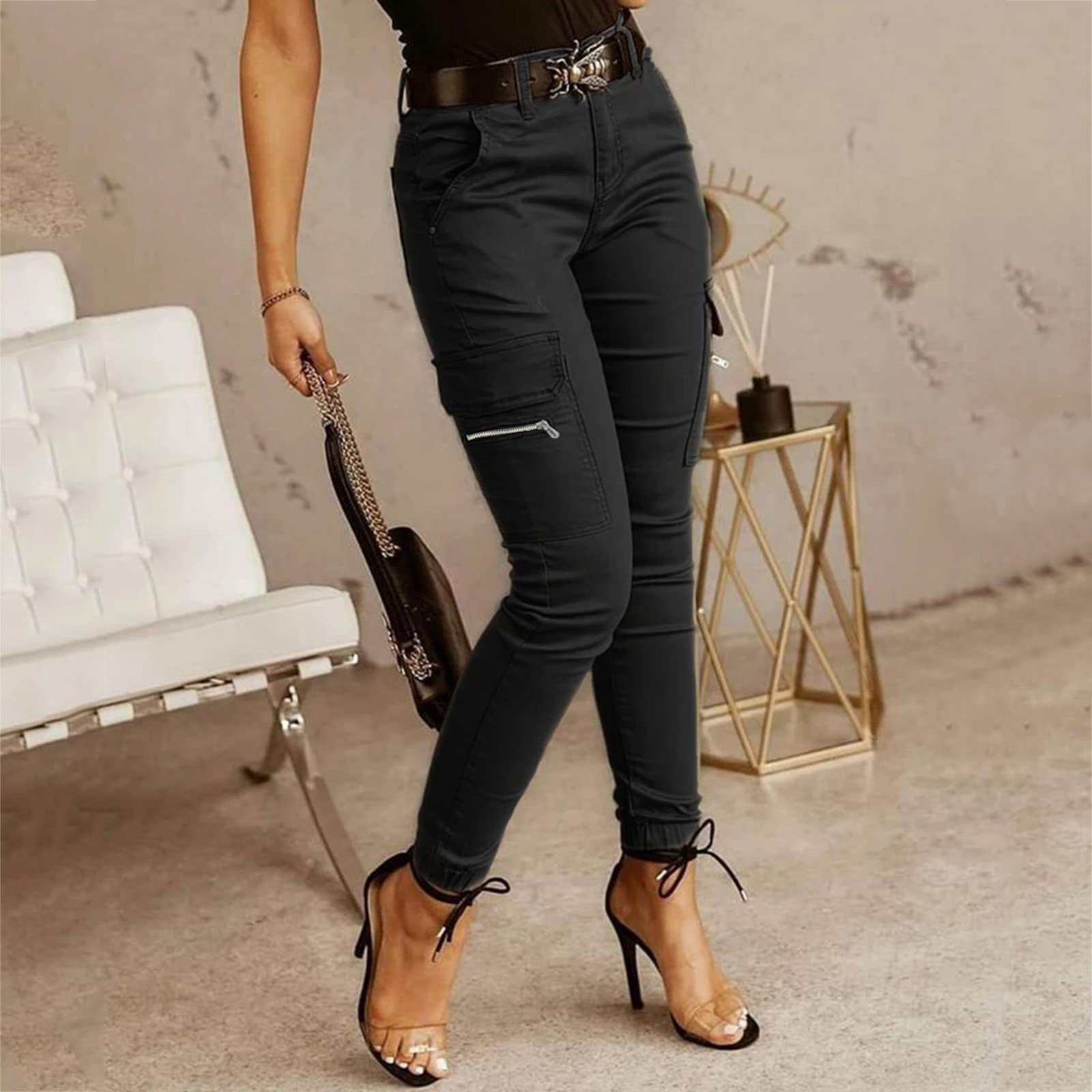 Yoga Pants Women's Leggings 9 Minute Length Quick Casual Design Zipper Pocket Pants Cargo Solid Cotton Pants W Black