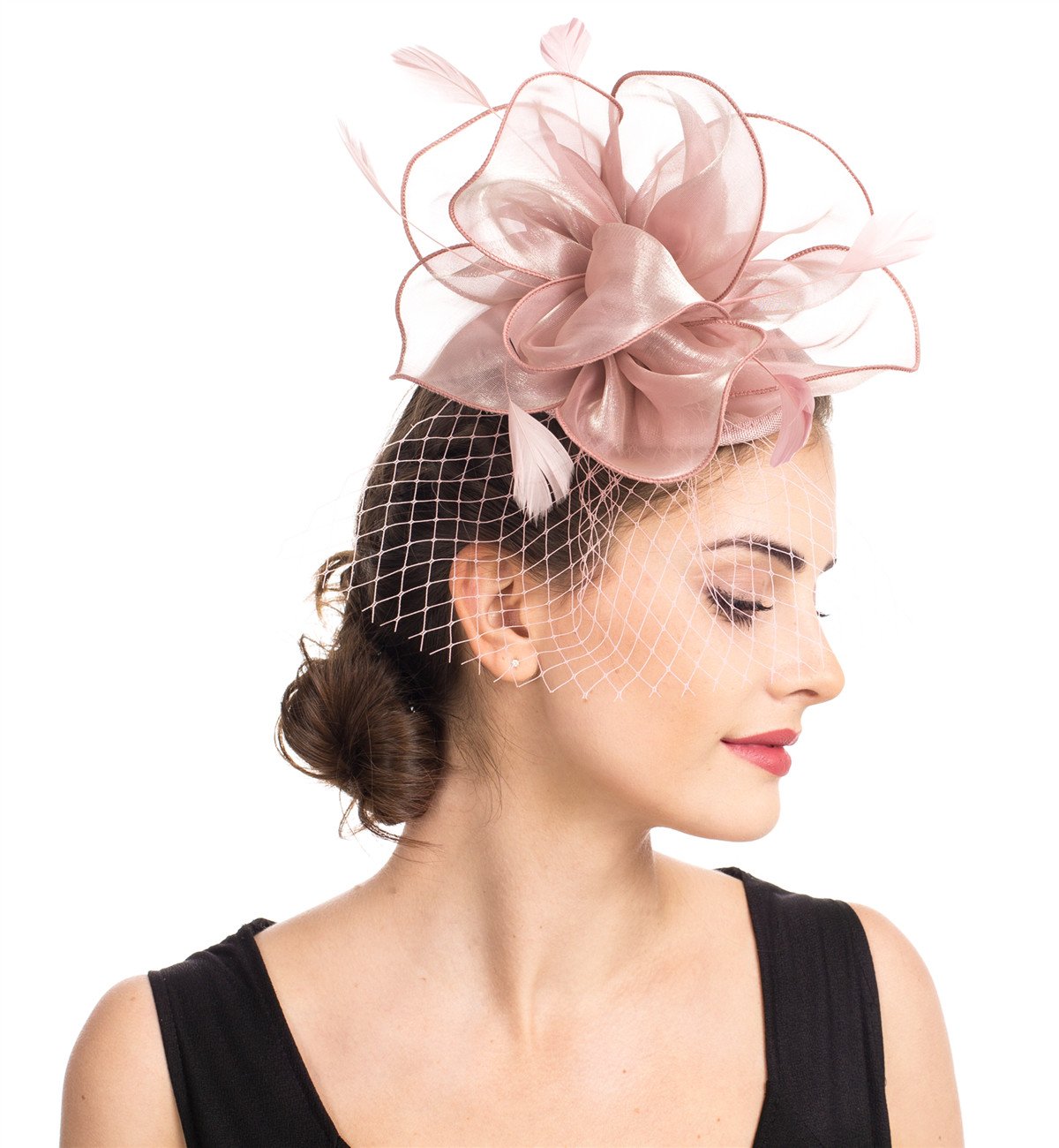 SAFERIN Fascinator for Women Hair Clip Hat Bowler Feather Flower Veil Wedding Party Hat Tea Hat(TA2-Pink)