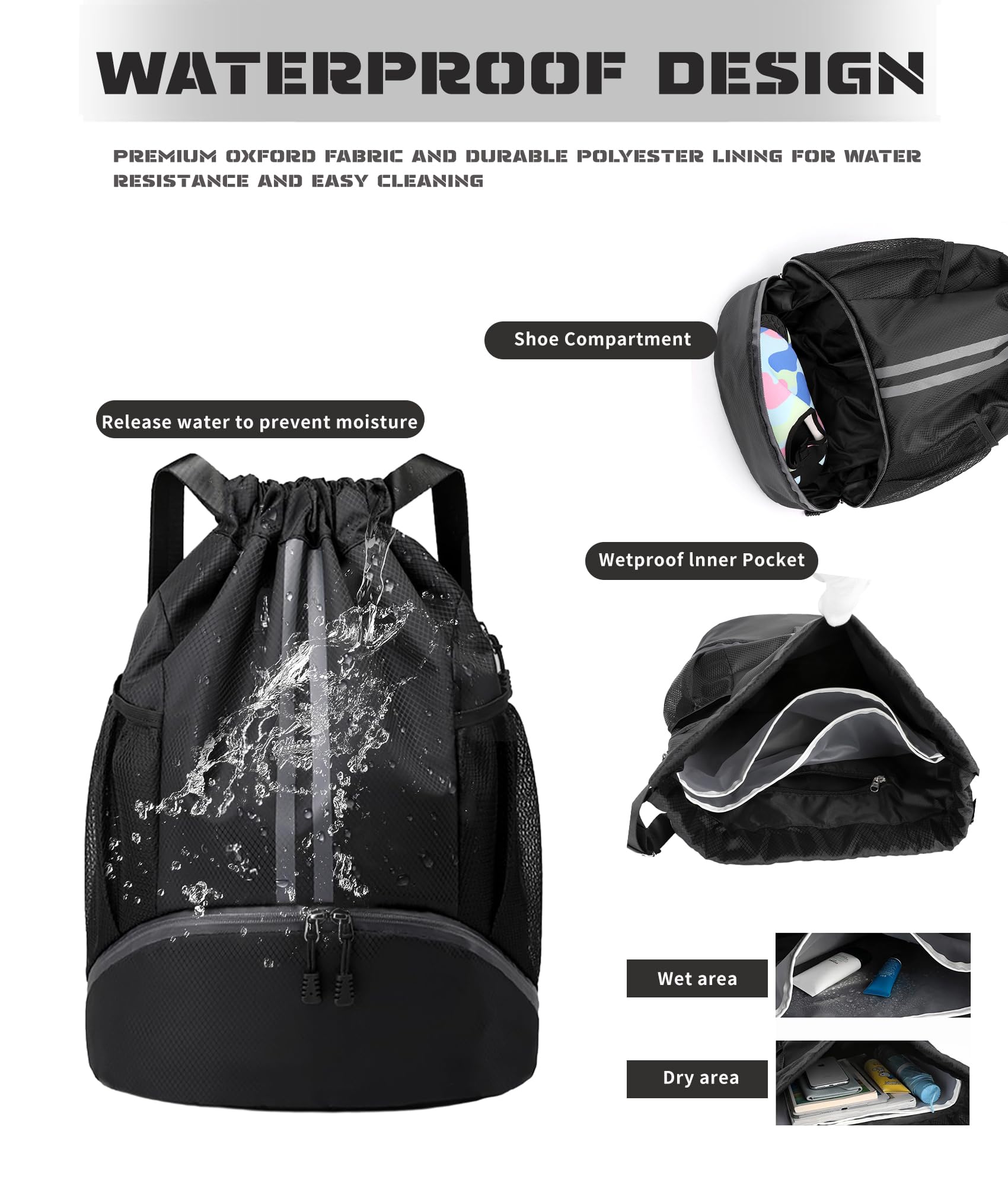 SENIKO Drawstring Backpack,String Swim Gym Bag with Shoes Compartment and Wet Proof Pocket for Women Men Sports Travel (Black)
