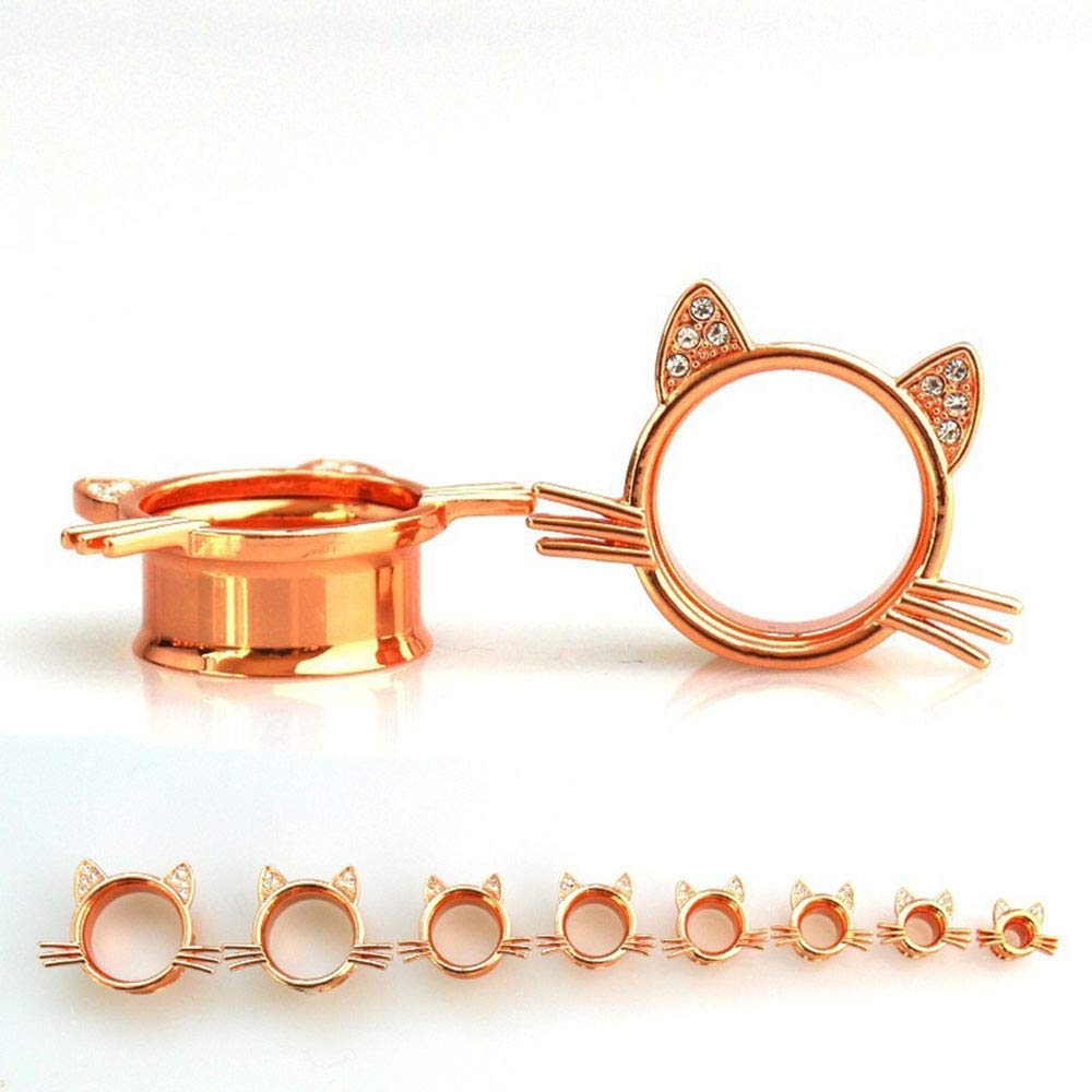 SUPTOP 2pcs Cute Kitty Ear Gauges Plugs And Tunnels for Ear Rose Glod Stretched Ears Size 2g - 1 inch