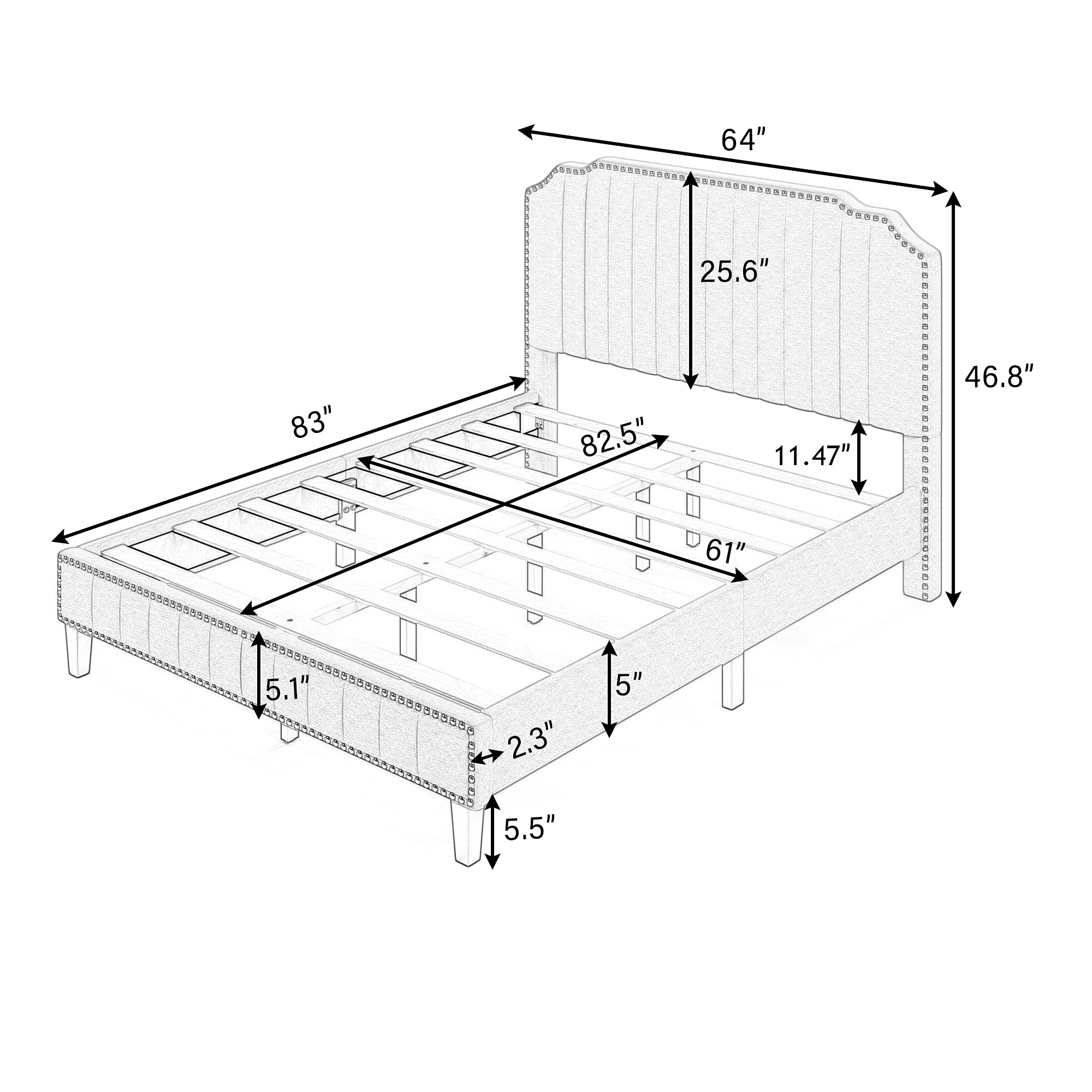 Tmosi Queen Size Upholstered Platform Bed Frames with Headboard, Modern Linen Curved Bedroom Furniture with Wood Slat Support, No Box Spring Needed (Grey)