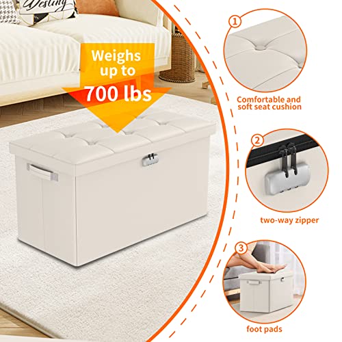 Tamfile 30 inches Folding Storage Ottoman with Lock,Fireproof Bedroom Bench with Storage,Beige Footrest with Foam Padded Seat,Ottoman Foot Rest for Bed Room,Storage Chest, Foot Rest Stool