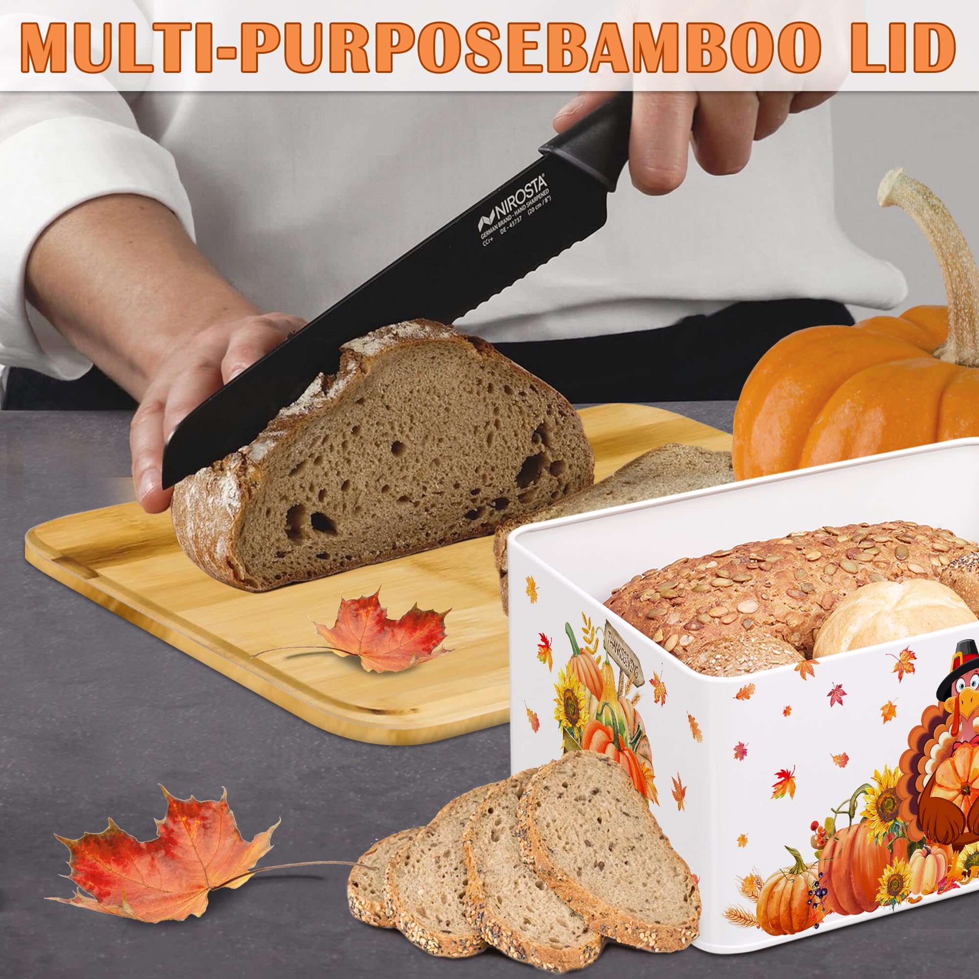 Thanksgiving Bread Box with Bamboo Cutting Board Lid, Modern Metal Bread Storage Container, Farmhouse Thanksgiving Turkey Decorations Table Decor for Dining Room, Thanksgiving Gifts for Women