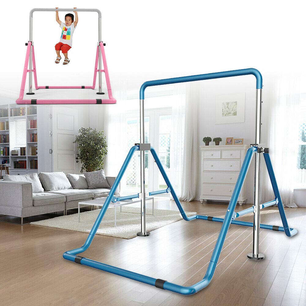 TFCFL Kids Gymnastic Horizontal Bar, Blue/Pink Gymnastics Horizontal Bars Adjustable Folding Gymnastics Garden Bar Home Sports Training Equipment Height Adjustable (Blue)