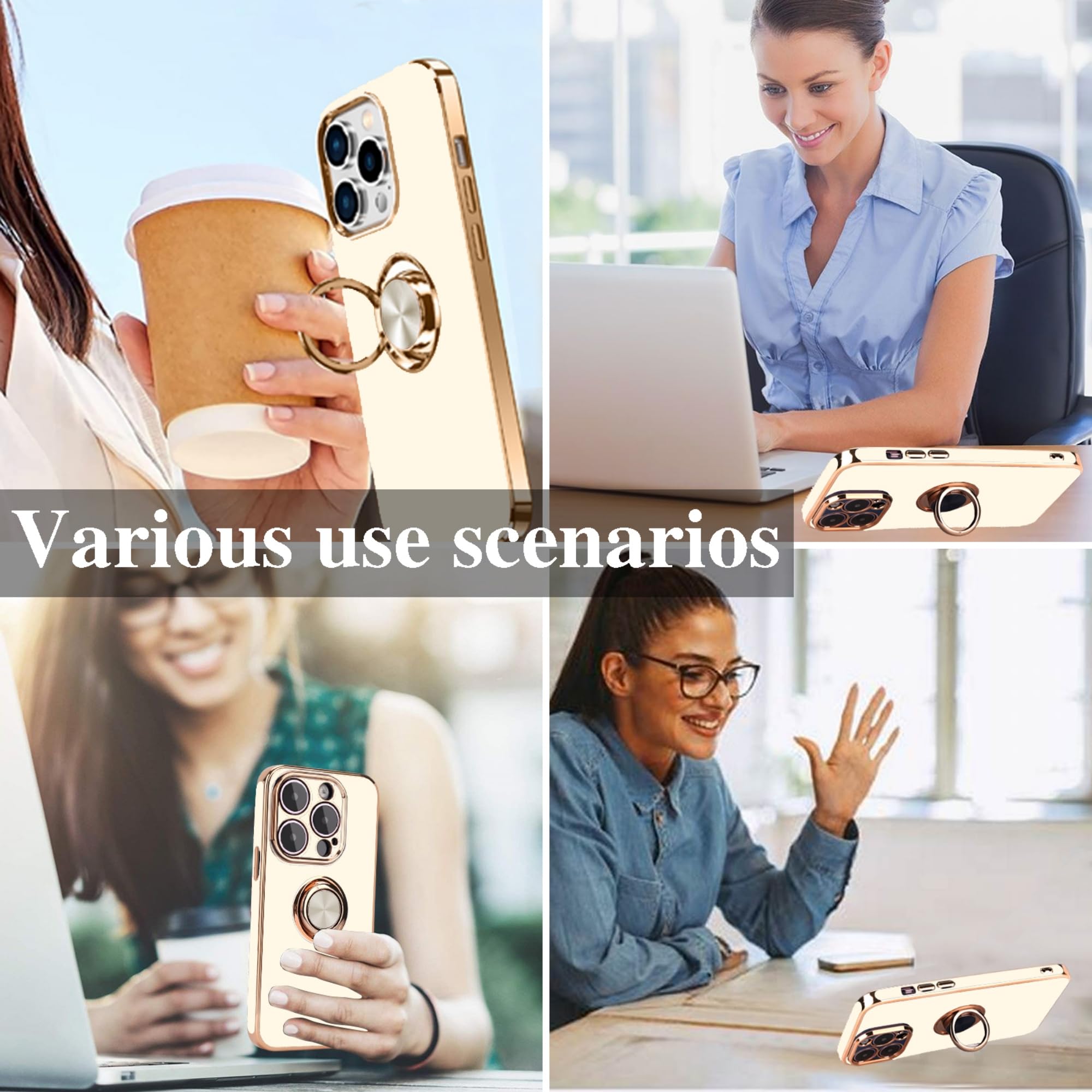 Sogrand for iPhone 14 Pro Case 3 in 1 with Screen Protector Anti Blue Light and Waterproof Phone Pouch W/Strap & Lanyard Car Magnetic Kickstand Ring Stand Shockproof Luxury Cute for Women Men (White)