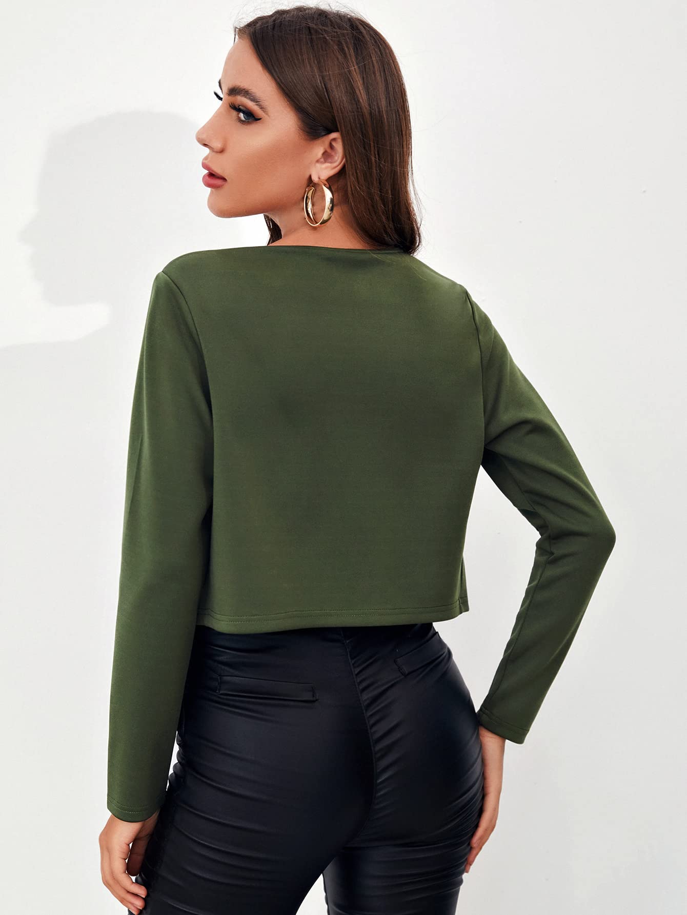 Romwe Women's Elegant Shawl Collar Crop Open Front Jacket Long Sleeve Work Office Blazer Army Green Solid S