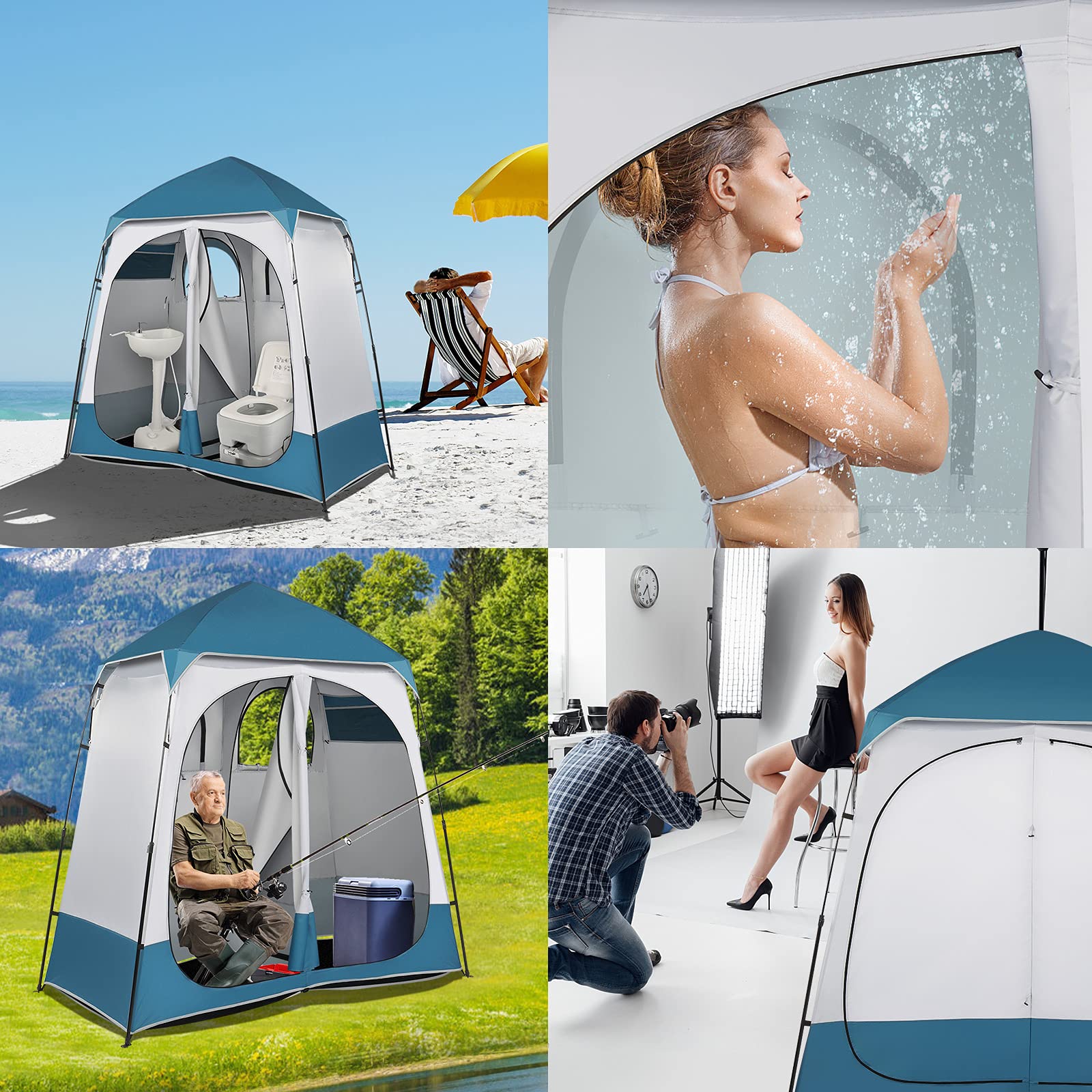Outvita Oversize 2 Rooms Shower Tent, 7.5 FT Outdoor Pop up Changing Room, Instant Extra Wide Privacy Shelter for Camping Dressing Toilet Bathroom with Carry Bag, Blue & White