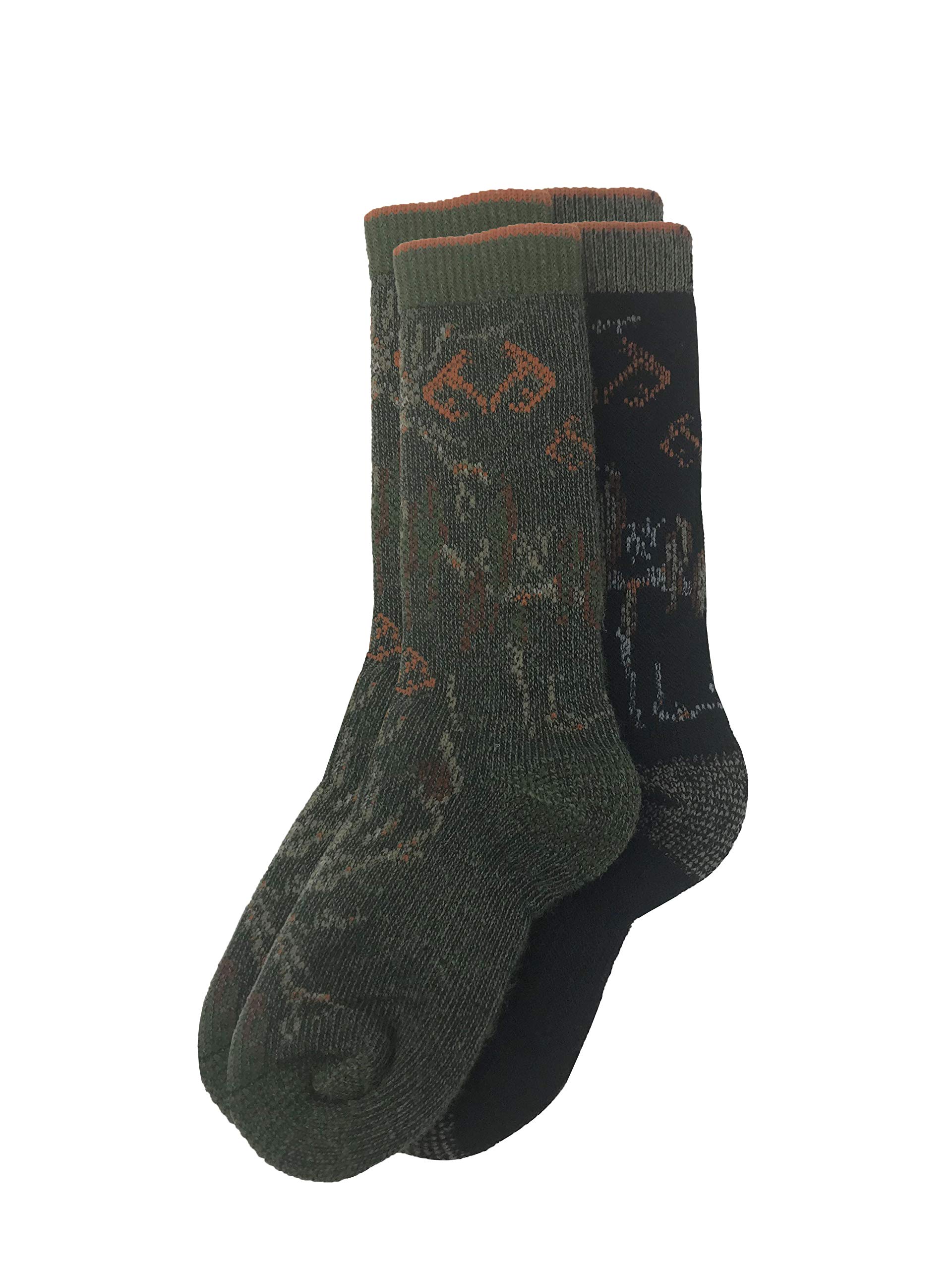 Realtree Boys Merino Wool Blend Camo Pattern Boot Socks 2 Pair Pack (Black/Olive, Kid's Shoe Size 12-3.5 - Sock Size Small)