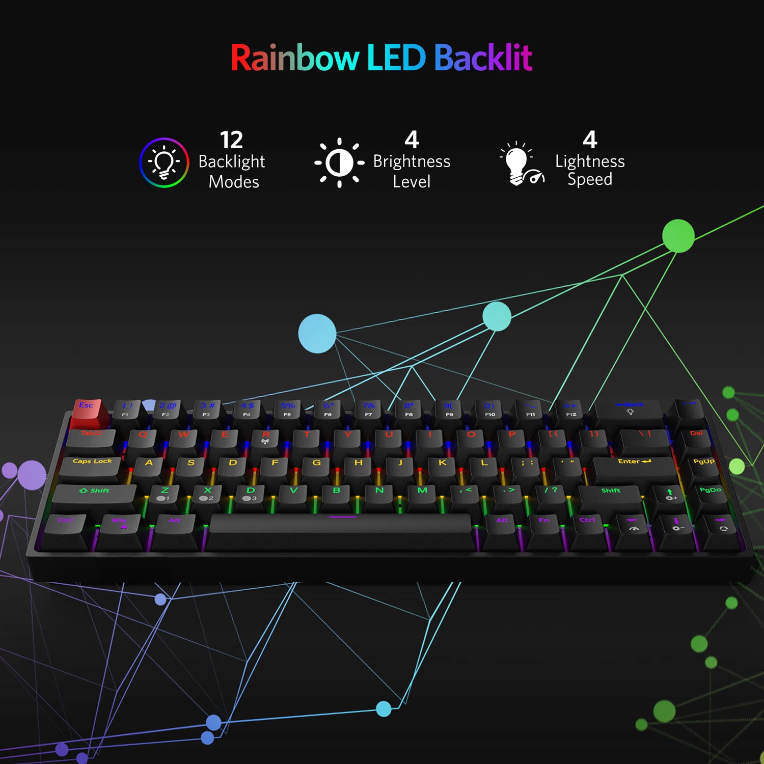 TEWELL 68 Keys Wireless and Wired Mechanical Gaming Keyboard with Blue Switches, Audible Click Sound Rainbow Portable Compact Mini Office Keyboard for Windows PC Gaming