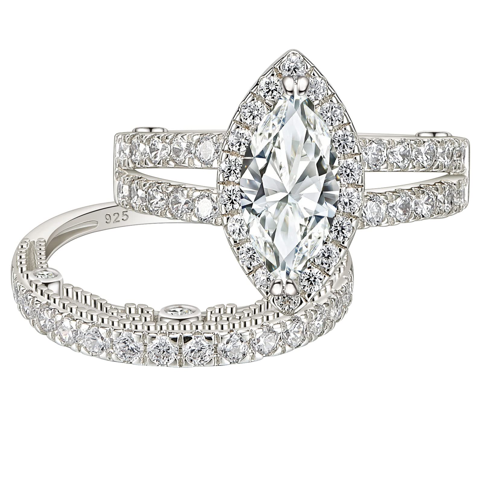 Wuziwen 2 Carats Sterling Silver Marquise Cut Wedding Ring Sets Promise Rings for Women CZ Size 7