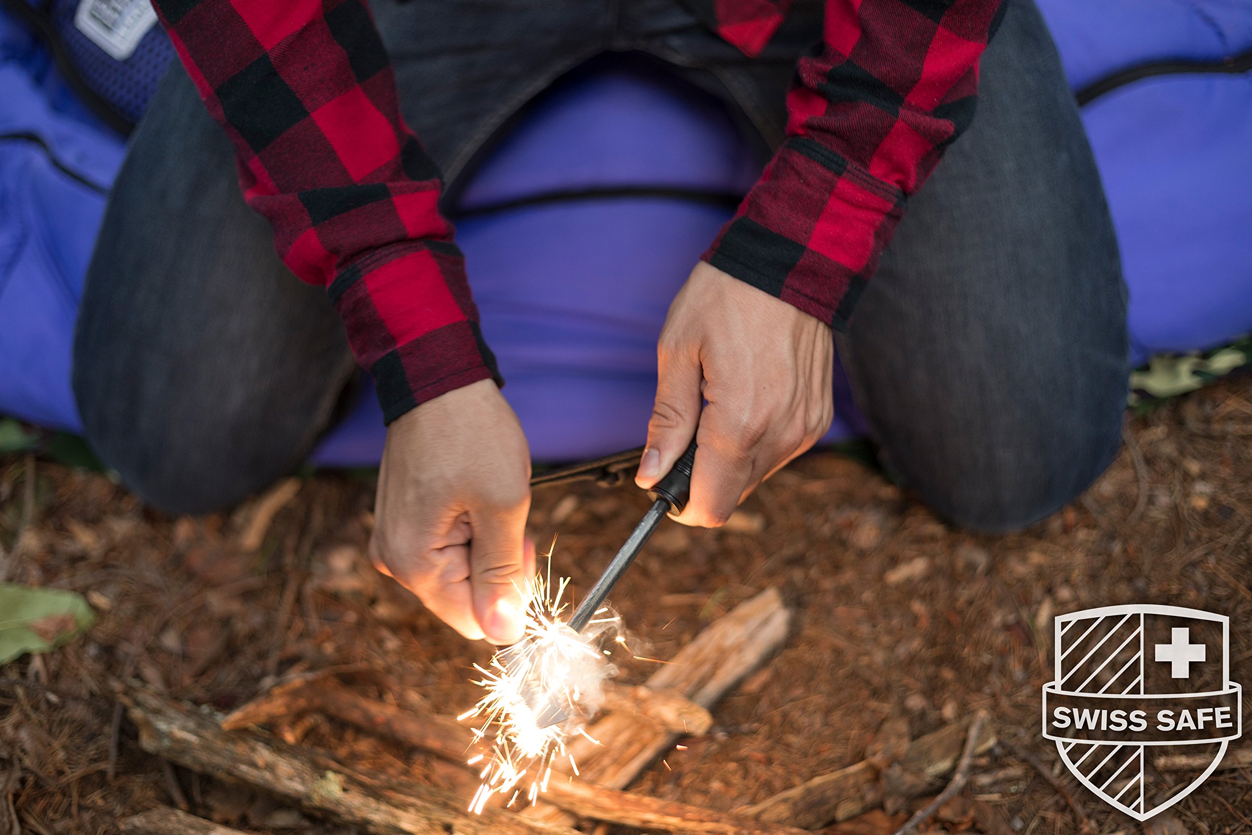 Swiss Safe 5-in-1 Magnesium Ferro Rod Fire Starter Survival Tool - Flint & Steel Striker, Compass, Paracord & Whistle - Emergency Kit for Backpacking, Camping, Hiking - All-Weather - Jungle, 2-Pack