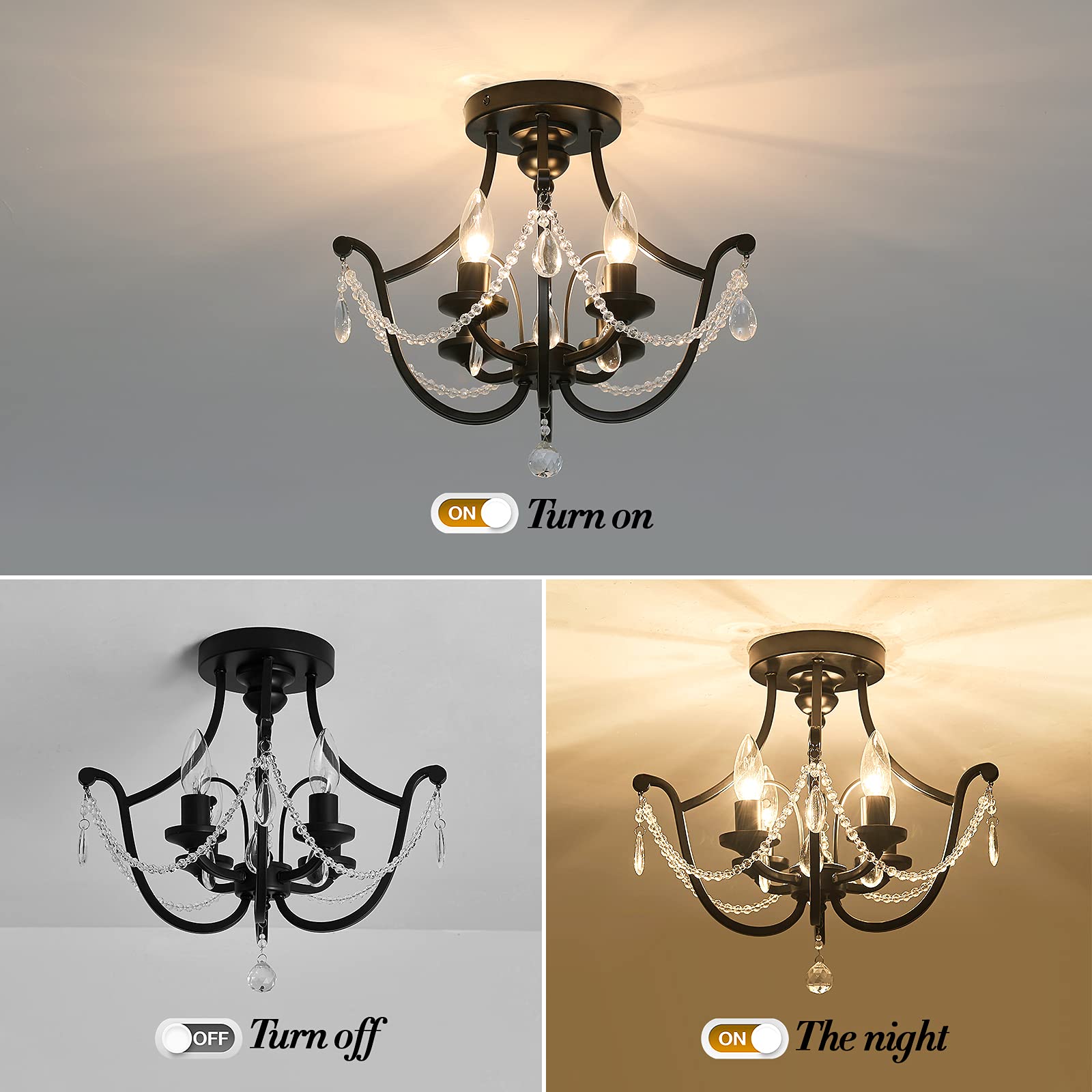 UOFUS Modern Semi Flush Mount Crystal Chandelier Farmhouse Indoor Small Ceiling Light Fixture Modern Ceiling Lamp for Foyer Kitchen Hallway Bathroom Bedroom Dining Room ( Black )