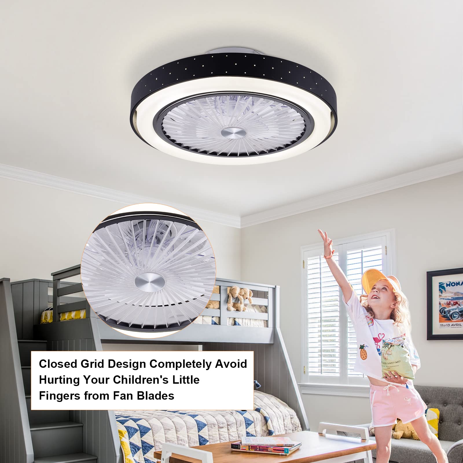 POWROL Ceiling Fans with Lights Bladeless Low Profile Remote Control Enclosed Ceiling Fan LED 3 Colors Dimming 3 Speed 19''Flush Mount Fan Light Iron Black Timer 1H/2H for Bedroom
