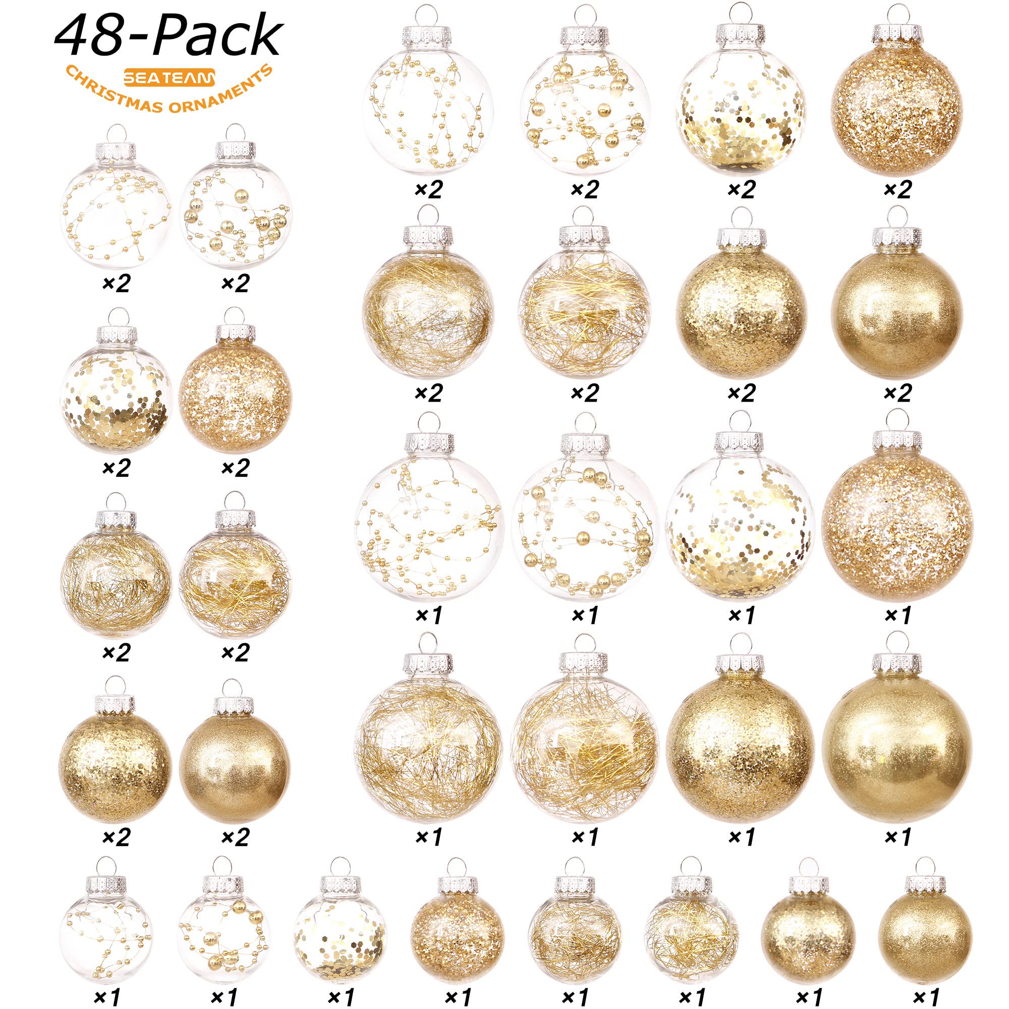 Sea Team Multi-Size Shatterproof Clear Plastic Christmas Ball Ornaments Decorative Xmas Balls Baubles Set with Stuffed Delicate Decorations (48 Counts, Champagne)