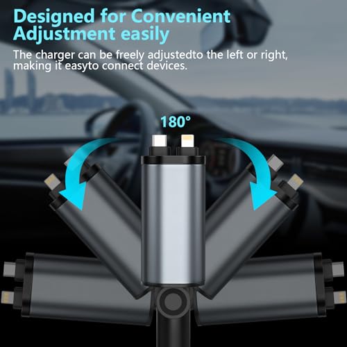 Retractable Car Charger, 4 in1 Fast Car Phone Charger 120W, 2.7Ft Retractable Cables and 4 Electronic Ports, Car Charger Compatible for iOS & Android Cell Phones All Device Charging