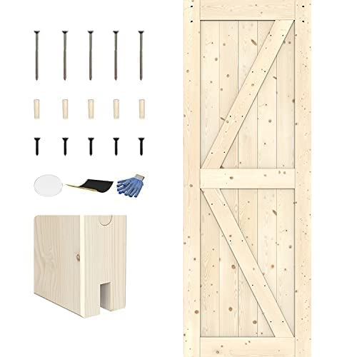 WINSOON 30in x 84 in Sliding Barn Door Interior Paneled Slab with 1 PC sliding barn door handle, DIY Unfinished Barn Doors Solid Spruce Wood, K Frame Planks, Pre-Drilled, Bottom Grooved