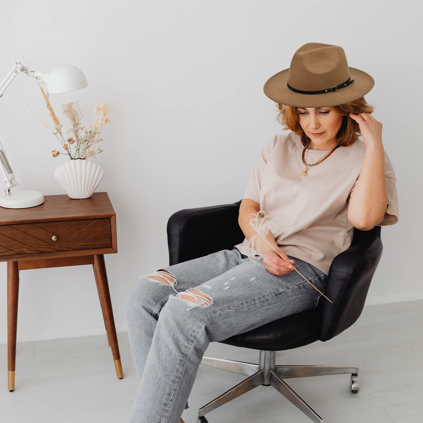 Women Classic Belt Buckle Fedora Hat, 2 Pack Wide Brim Panama Hat Lady Retro Wide Brim Fedora Hat