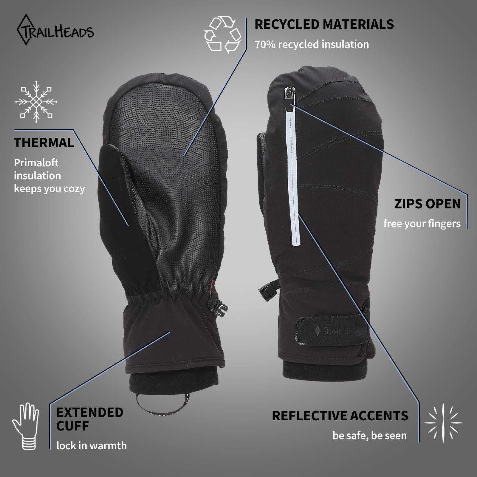 TrailHeads Men’s Convertible Zip Mitts | winter running mittens | thermal mittens for cold weather | men’s mittens for outdoor sports - black - medium/large