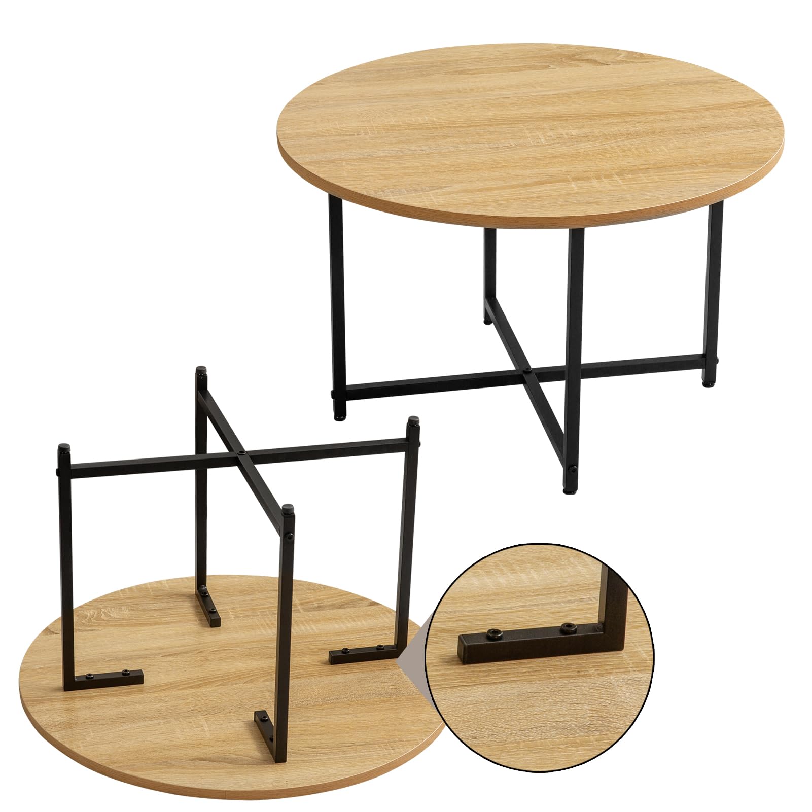 Round Coffee Table with Rustic Wooden Top & Sturdy Metal Legs Sofa Couches Table Side Table End Table Accent Table for Living Room Balcony Kitchen Natural Modern Design Furniture (white oak)