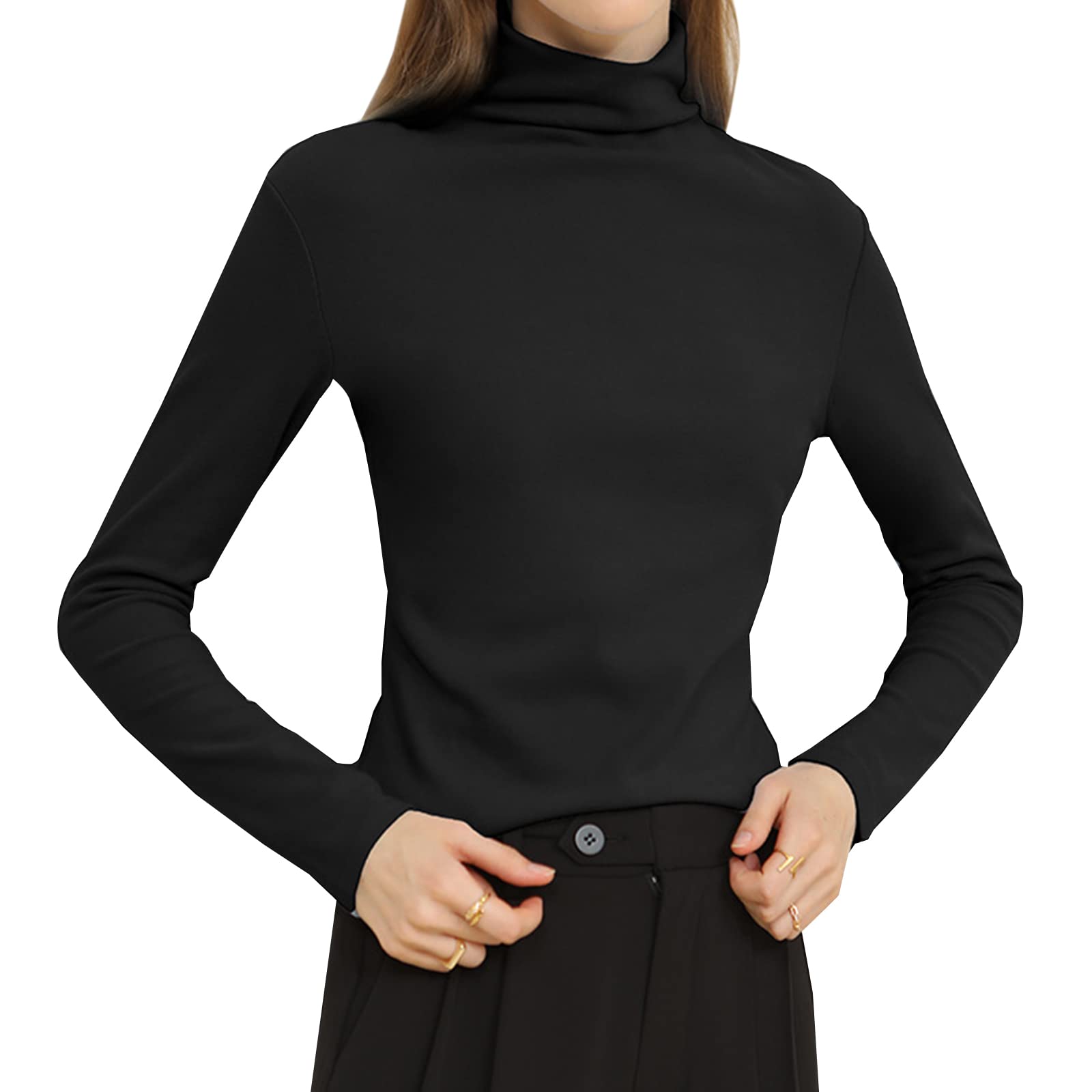 YUZIBAO Women's Long Sleeve Mock Turtleneck Tops Slim Fitted Basic Pullover Tee Tops Layer T Shirts (Black,L)
