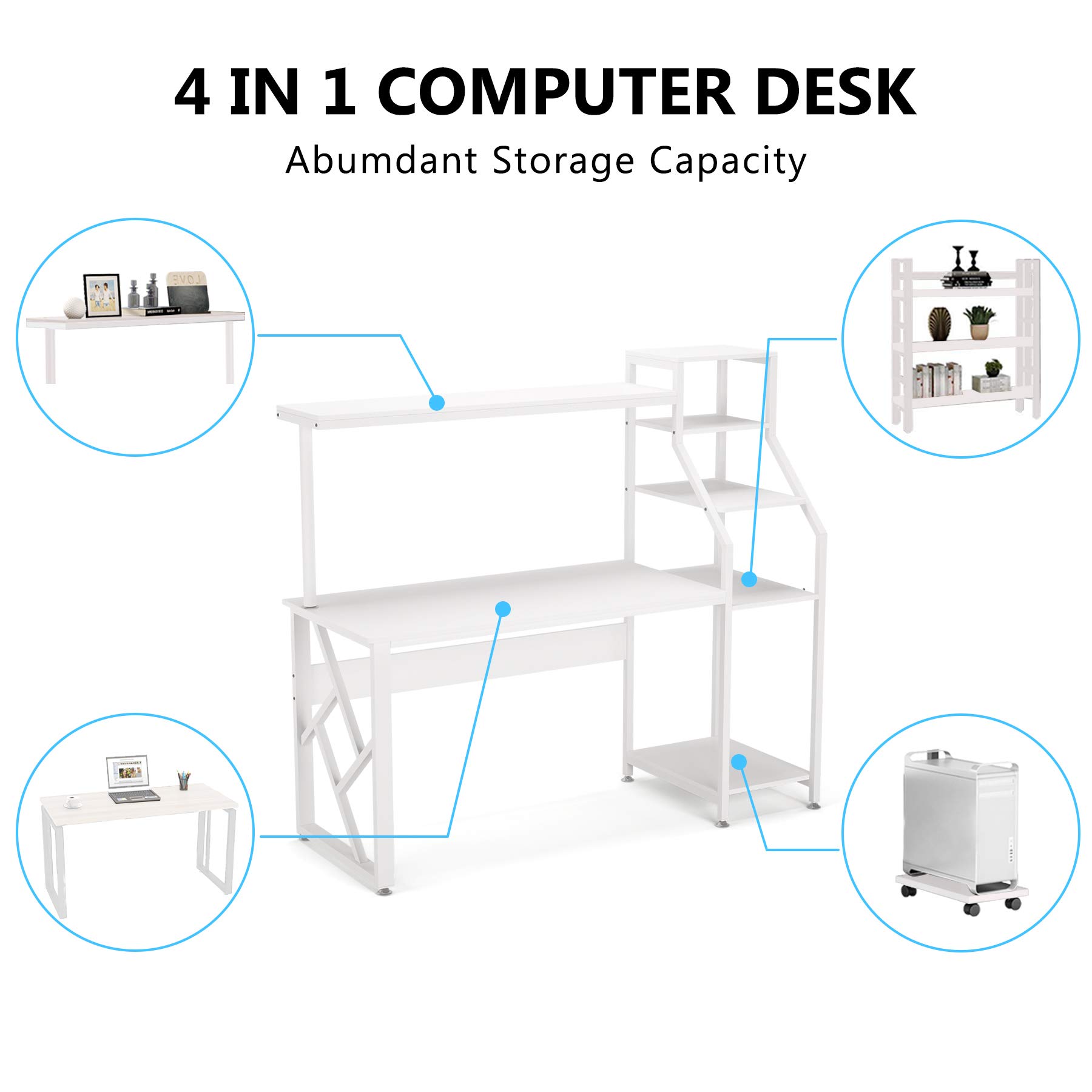 Tribesigns Home Office Computer Desk with Hutch Storage Shelves, 60 inch Large Computer Table Studying Writing Desk with 4-Tier Bookshelf and Tower Storage, Workstation for Space Saving (White)