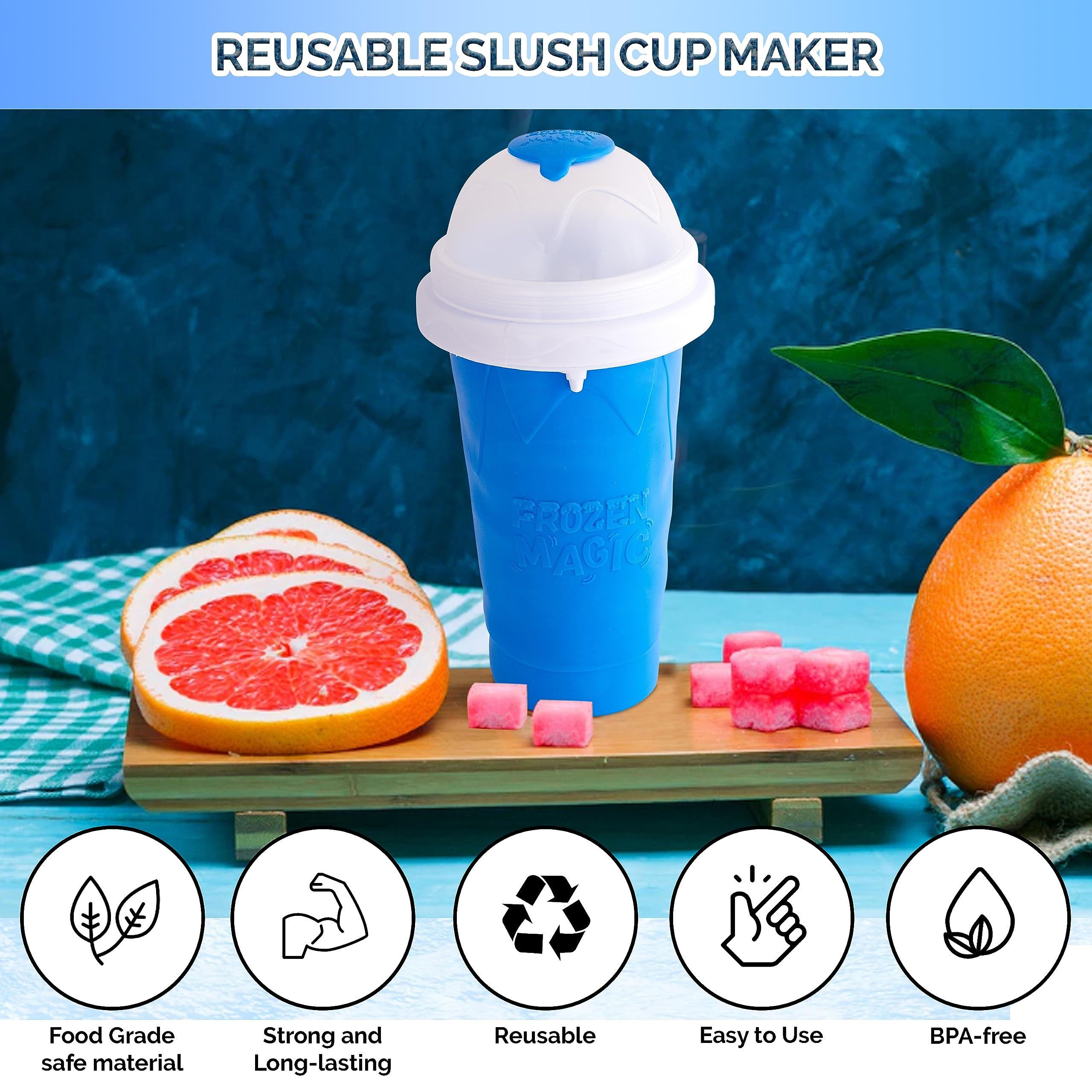 Slushie Maker Cup - Quick Frozen Magic slushy Cup, Double Layers Slushie Cup, DIY Homemade Squeeze Icy Cup, Fast Cooling Make And Serve Slushy Cup For Milk Shake, Smoothies, Slushies (Blue)