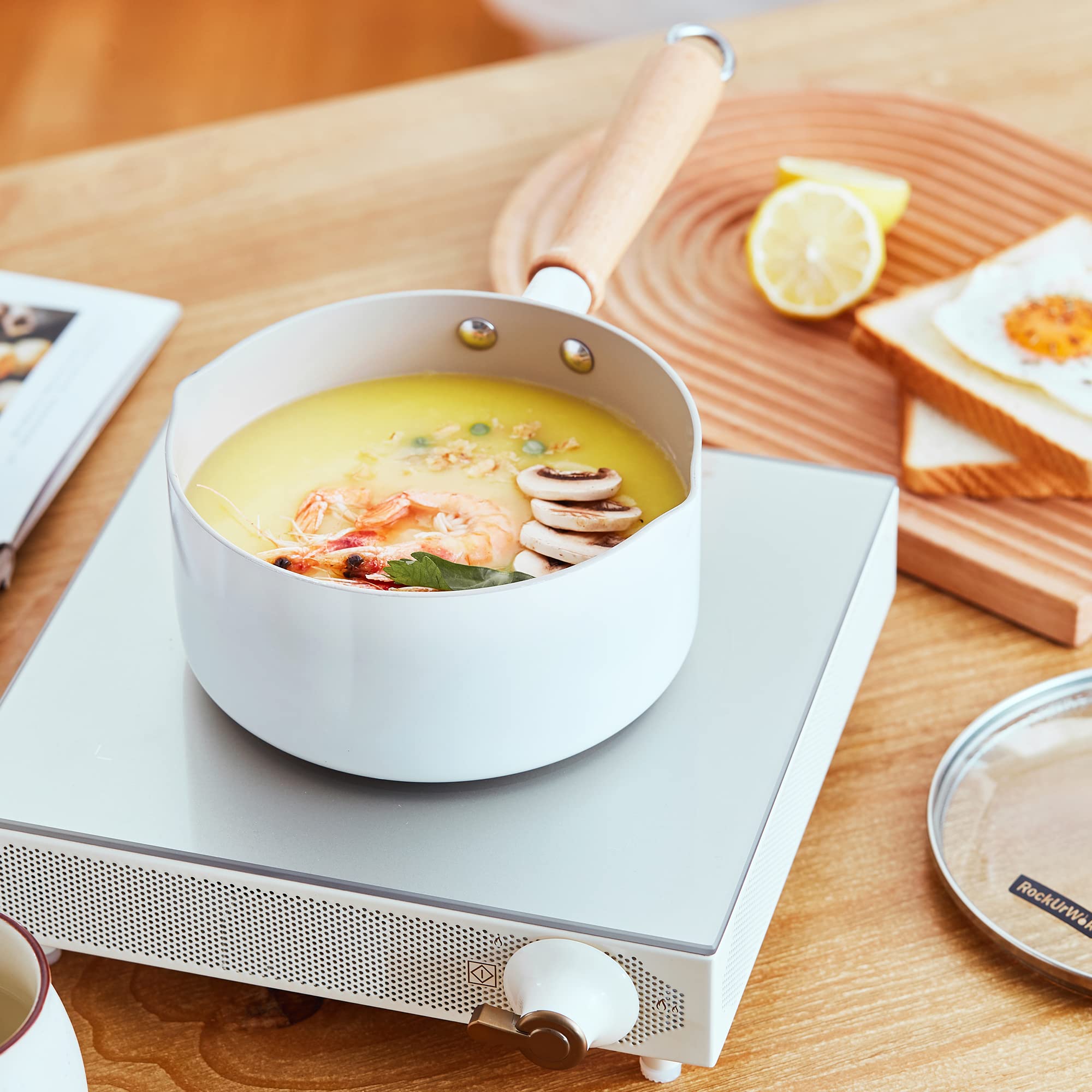 ROCKURWOK Ceramic Nonstick Sauce Pan, 1.5 QT Small Pot, Non Toxic & PFAS-Free, Wooden Handle for Cool Touch, Universal Base(Gas, Electric & Induction), White