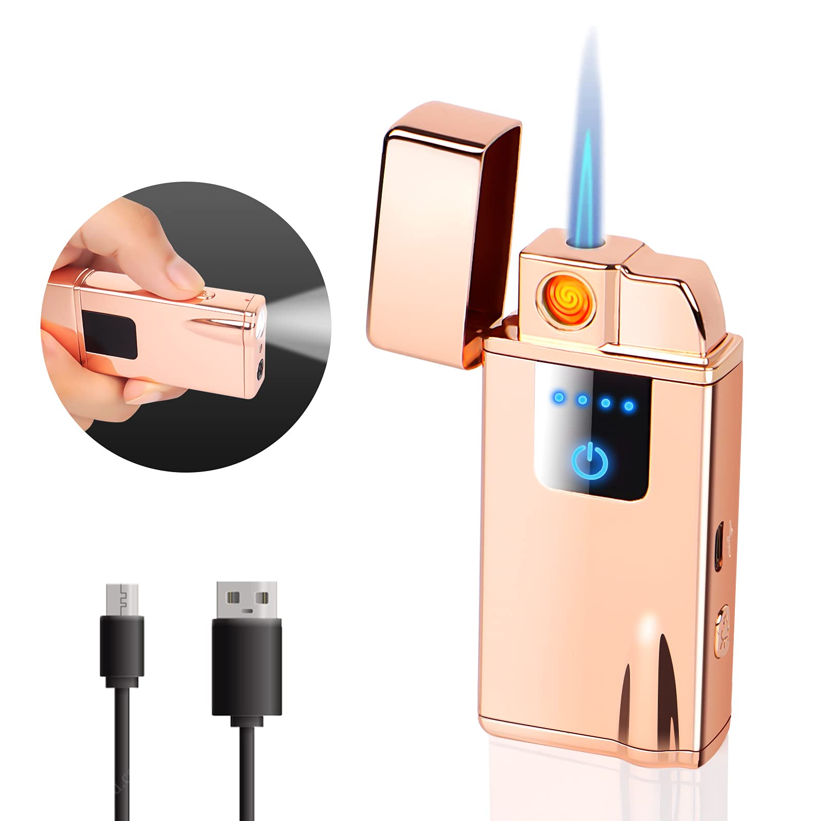 Torch Rose Gold Lighter, Windproof Rechargeable Tungsten Lighters with Flashlight, Refillable Butane Cool Cigar Lighter, Noble Gift for Festival, Birthday.