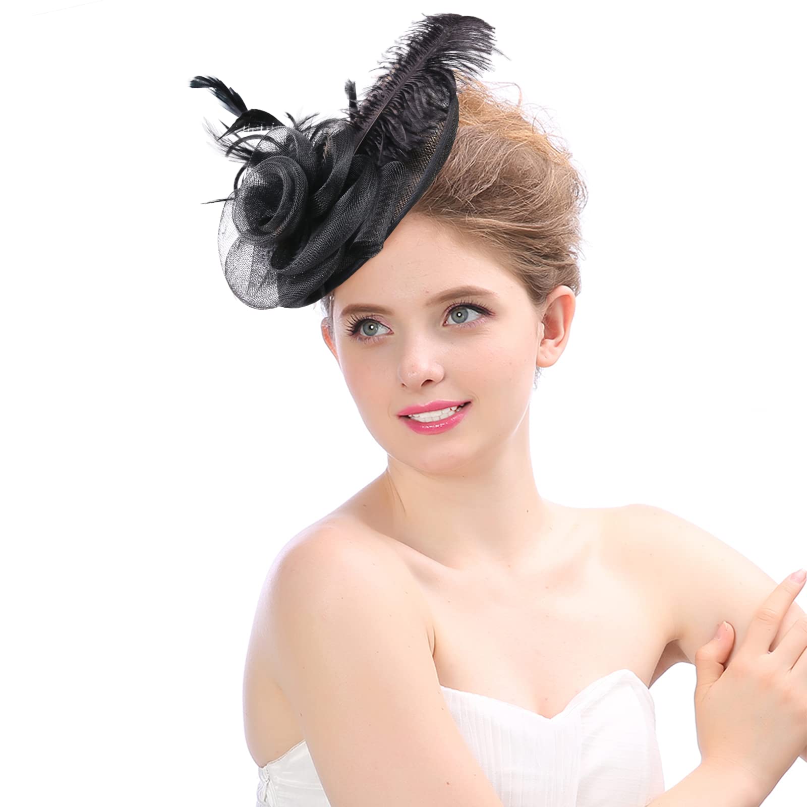 ROZKITCH Feather Fascinators Womens Pillbox Flower Party Hat White