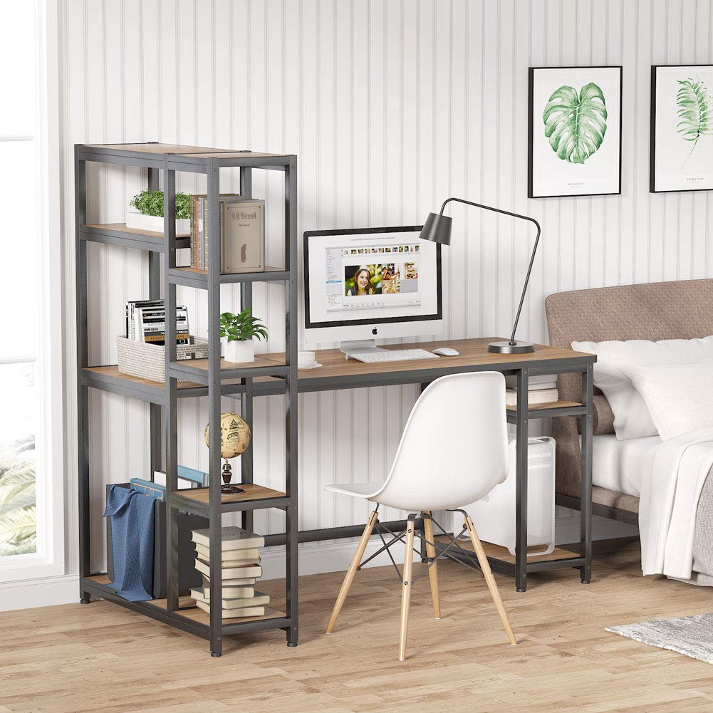 Tribesigns Reversible Computer Office Desk with 9-Tier Storage Shelves, 67 inch Large PC Laptop Study Writing Table Workstation with Hutch Bookshelf and CPU Stand for Home Office (Oak)