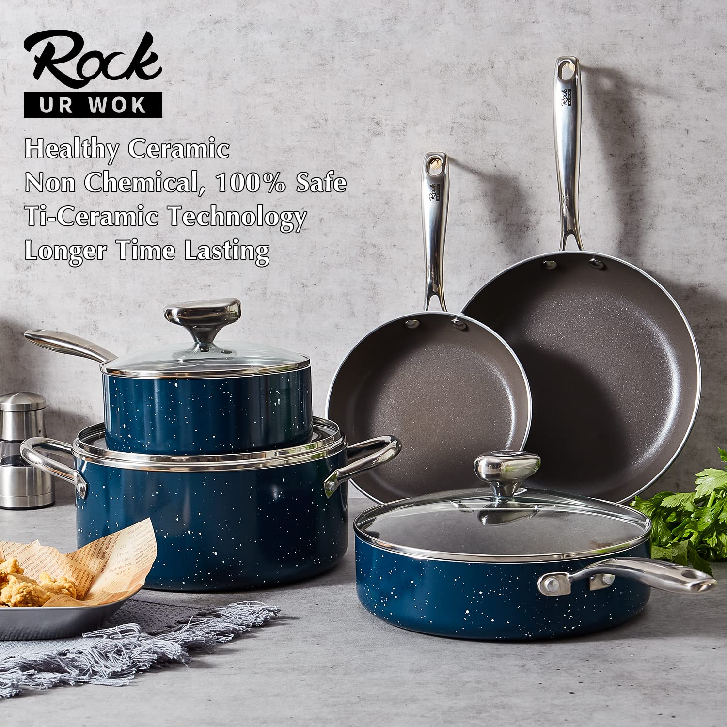Rockurwok Ceramic Nonstick Cookware Set, 6 Pieces Pots and Pans, Non Toxic Without PFAS & PTFE, Induction | Cast Steel Handle | Dishwasher & Ovens Safe (14PCS)