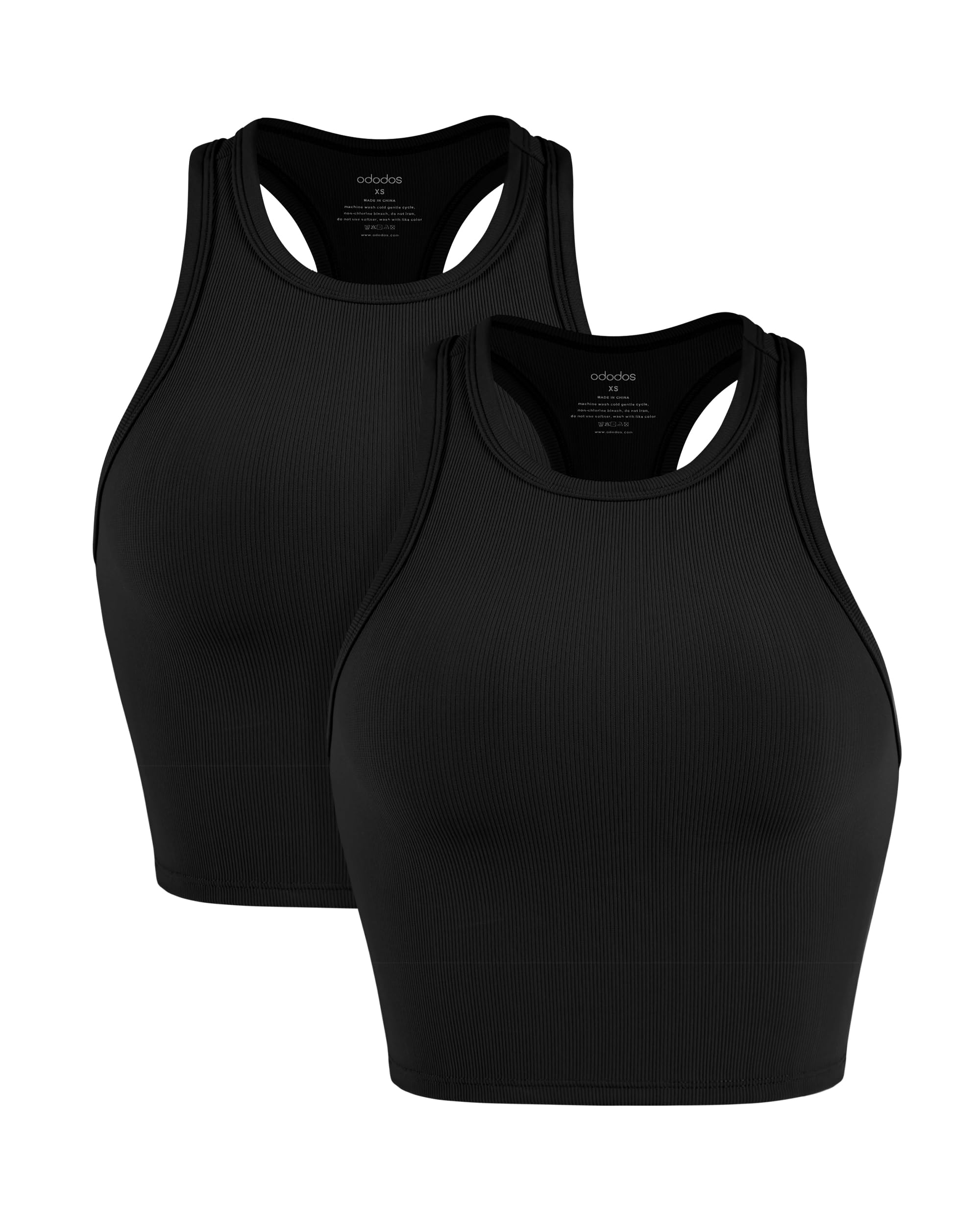 ODODOS Women's Crop 2-Pack Racerback High Neck Ribbed Cropped Tank Tops, Black+Black, Medium
