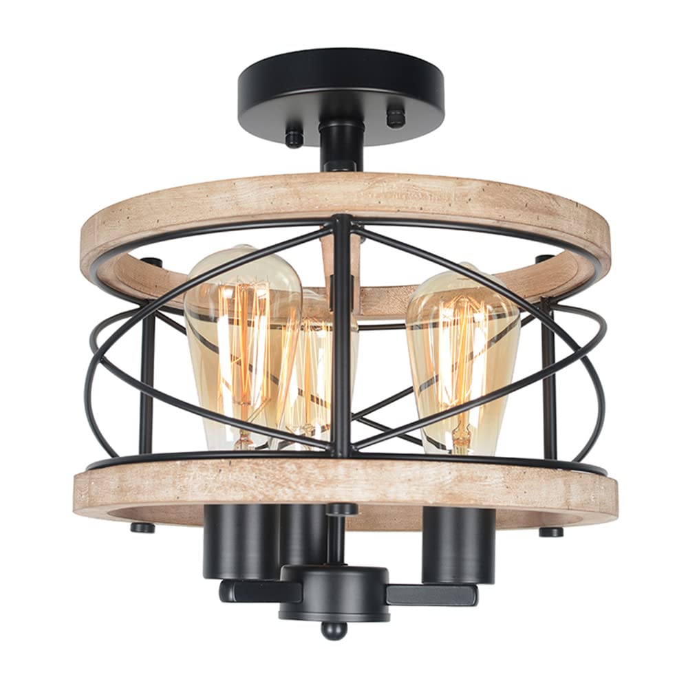 Round Rustic Semi Flush Mount Ceiling Light, Wood Farmhouse Kitchen Light Fixture Black Metal Industrial Bathroom Bedroom Cage Ceiling Lighting 3 Lights Edison E26 17121B
