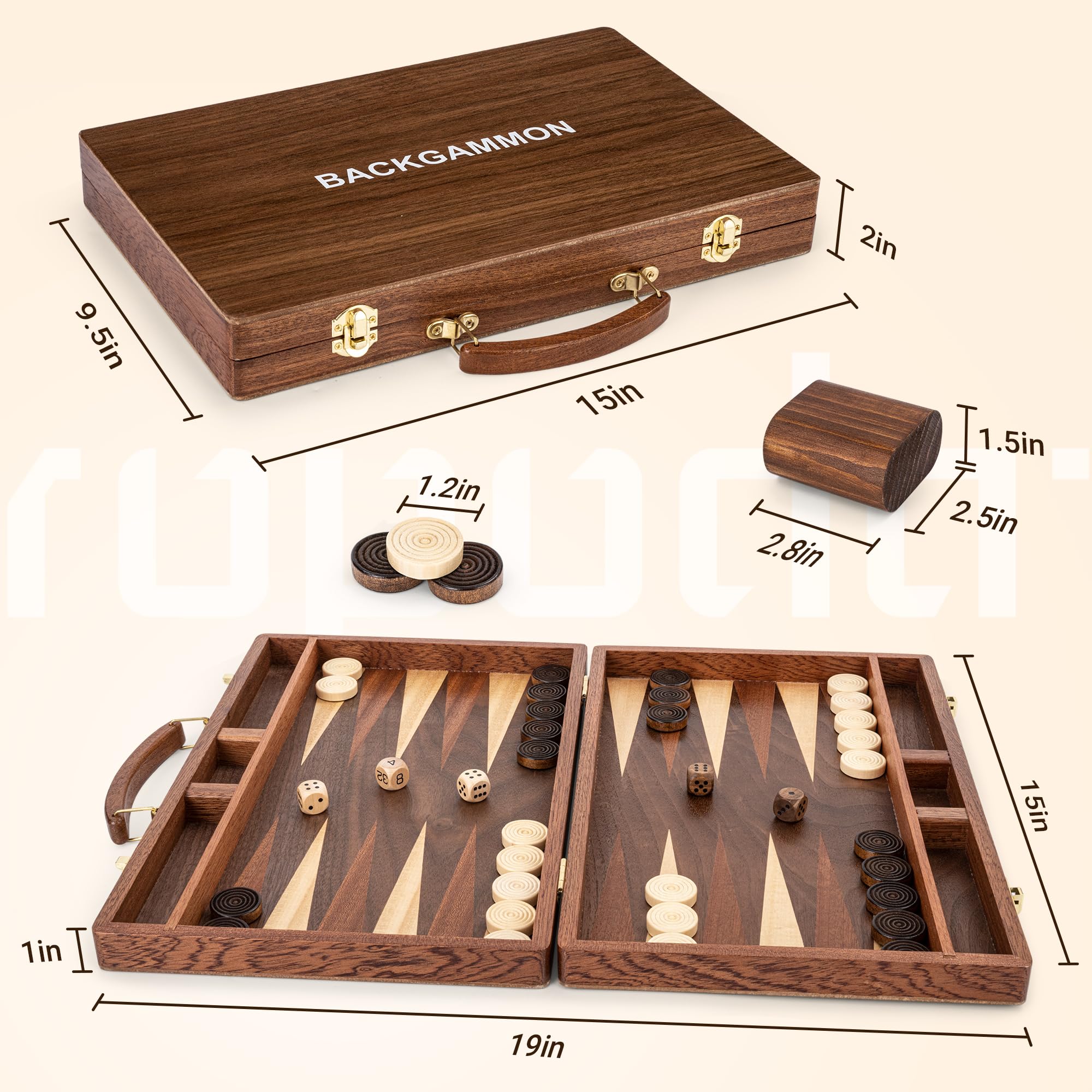 ropoda Sapele Wood Backgammon Board Game Set (15 Inches) for Adults and Kids - Classic Board Strategy Game - Portable and Travel Backgammon Set with Wooden Playing Pieces and Accessories