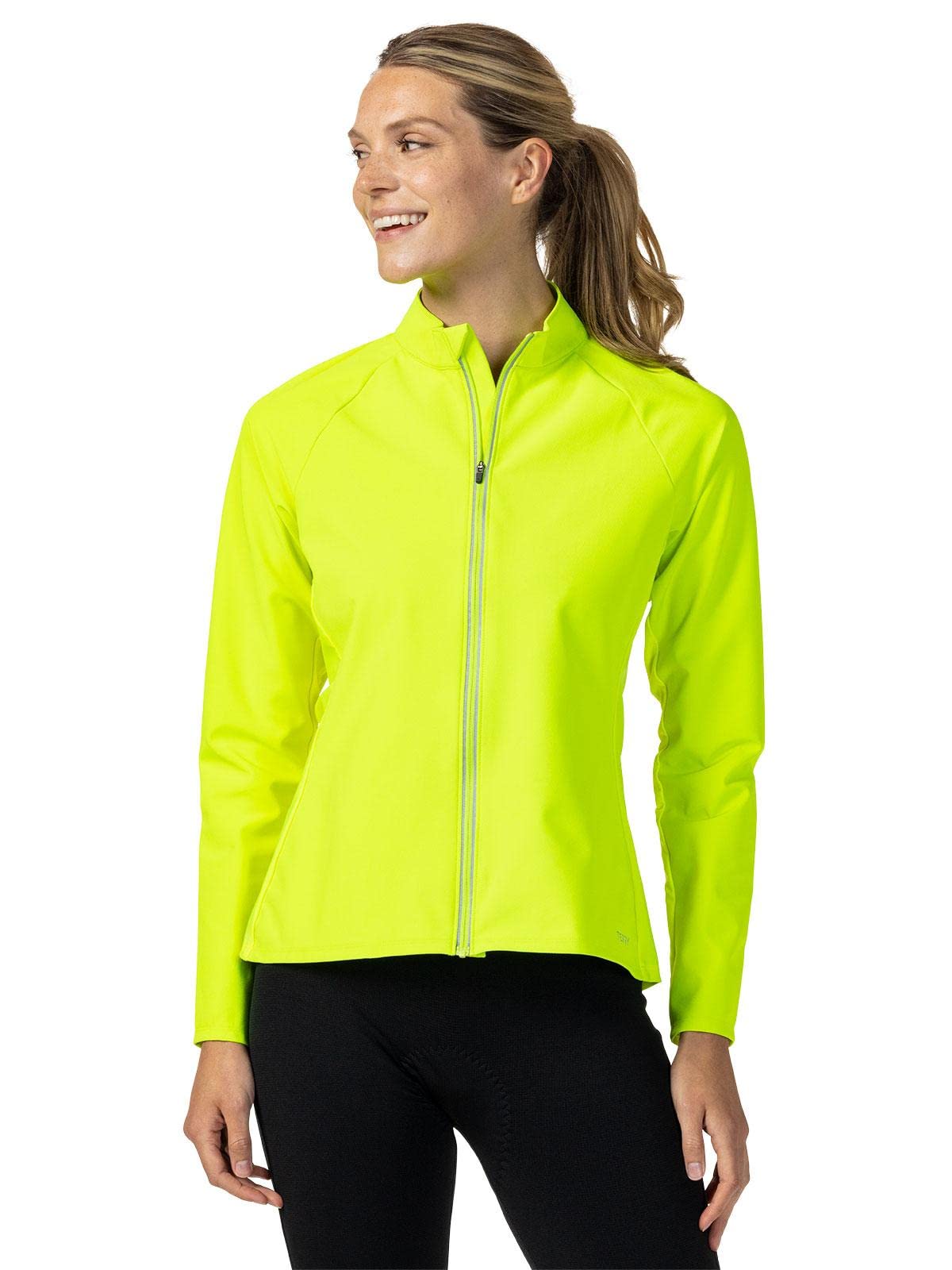 Terry Hybrid Bike Jacket, Women's Full Zip Wind/Water Resistant Hi-Vis Reflective Cool Weather Cycling Top - Neon Lime, Small