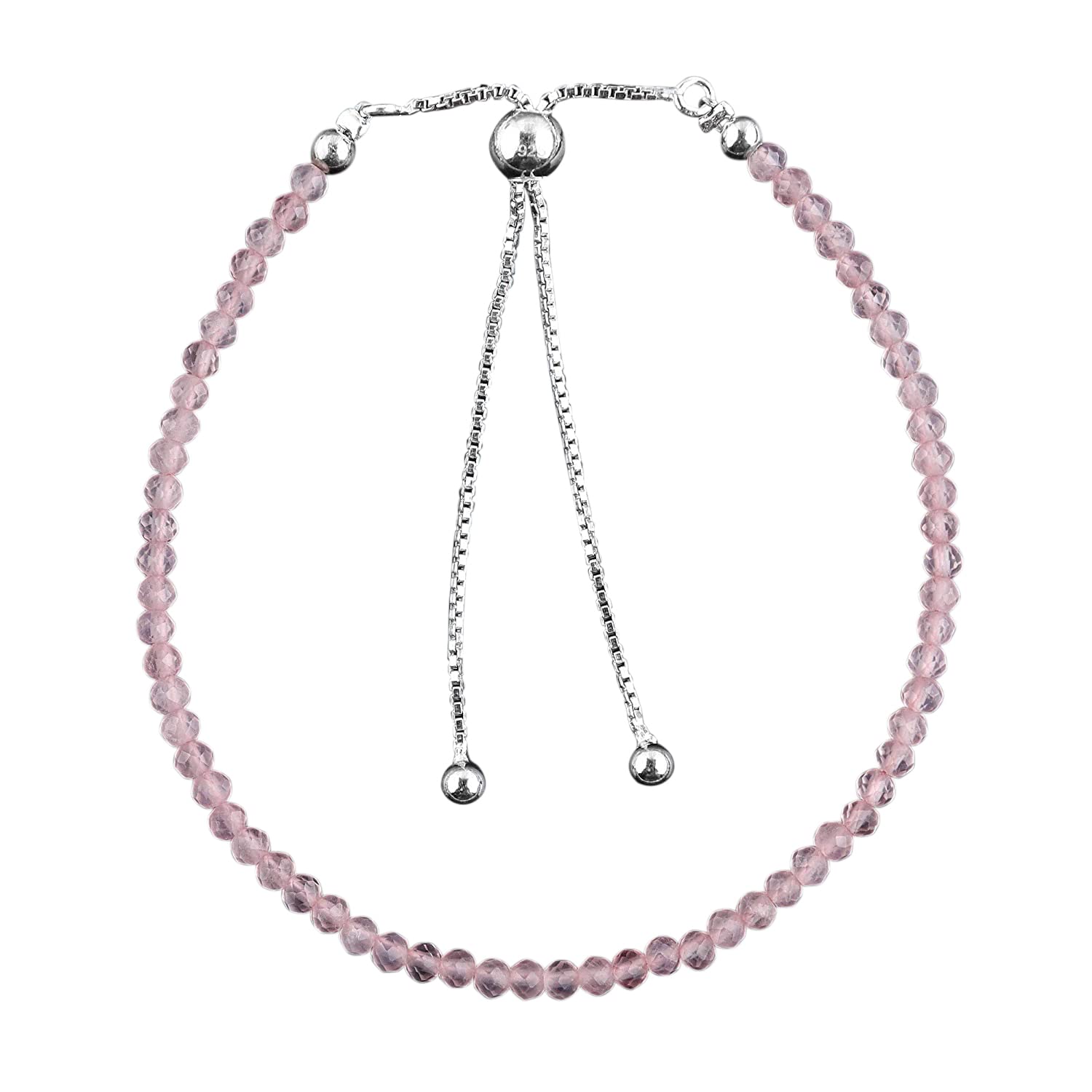 OdrillionGems Natural Rose Quartz Gemstones Bolo Bracelet, Micro-Faceted Beads, Healing Crystals, 925 Sterling Silver, Handmade, Birthstones, Adjustable Slider, Women Jewelry, Valentine Gifts, 10"