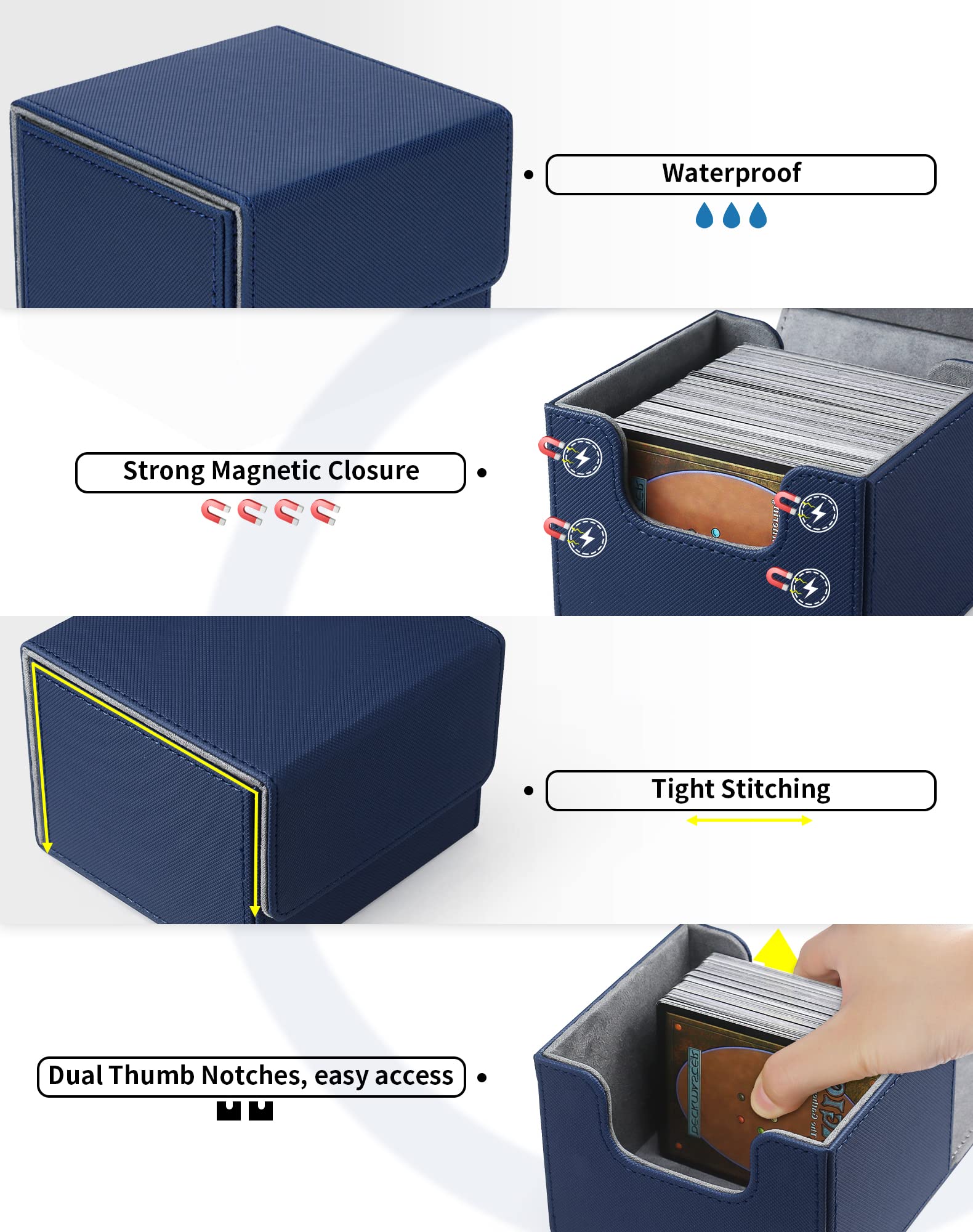ZLCA Card Deck Box with 2 Dividers for MTG Cards, Large Horizontal Card Storage Box Fits 150+ Single Sleeved Cards, PU Leather Commander Deck box for TCG CCG (Navy)