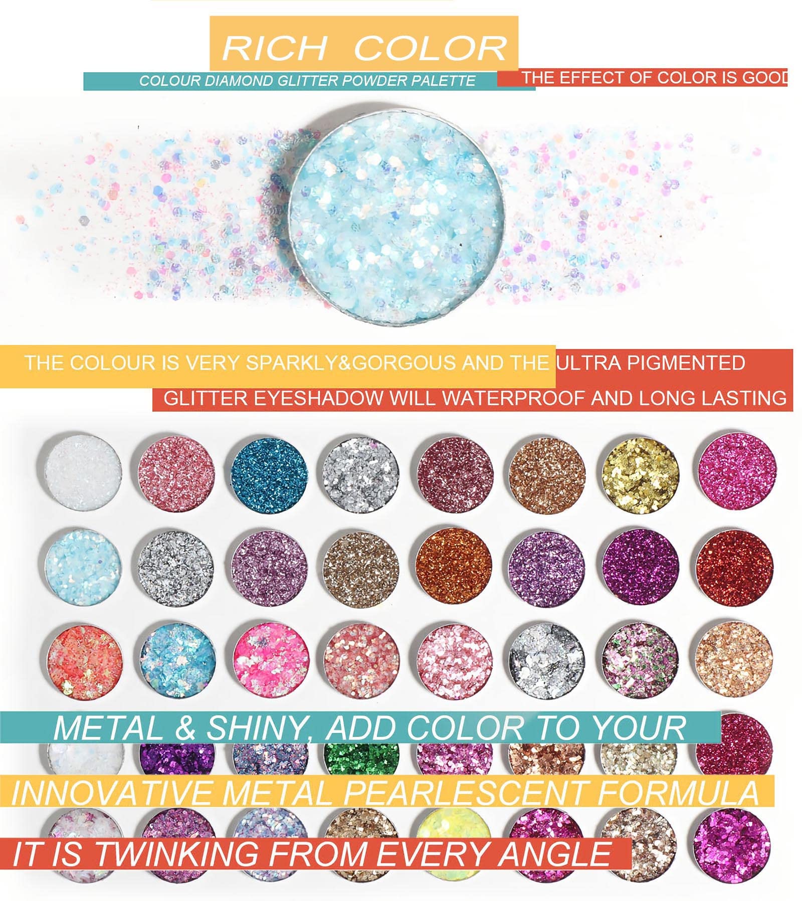 SUMEITANG 40 Colors Pressed Chunky Glitter Eyeshadow Palette, Self Adhesive Glue Gel Glitter Highly Pigmented Colourful Shimmer Glitter Eye Shadow Pallet For Women Girls Long Lasting Sparkle Makeup