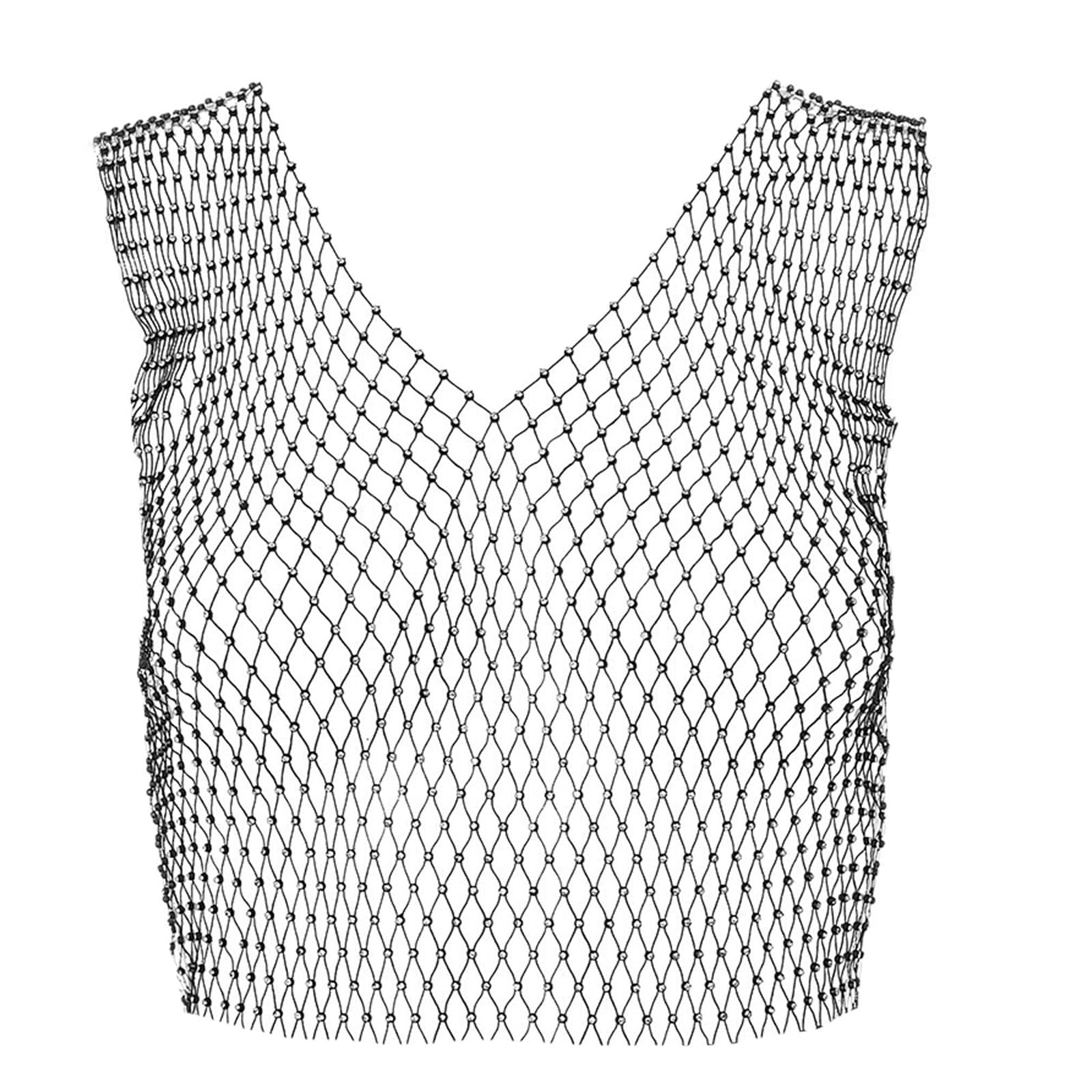 Wriidy Mesh Tank Top White Crystal Diamond Out See Through Crop Tops Black Sparkly Rhinestone Body Chain Accessories Jewelry for Women and Girls