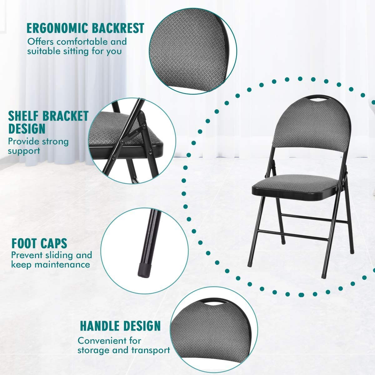 ReunionG 6 PCS Folding Chair, 6-Pack Portable Chairs with Upholstered Padded Seat and Back, Metal Frame Home Office Chairs (6 PCS)