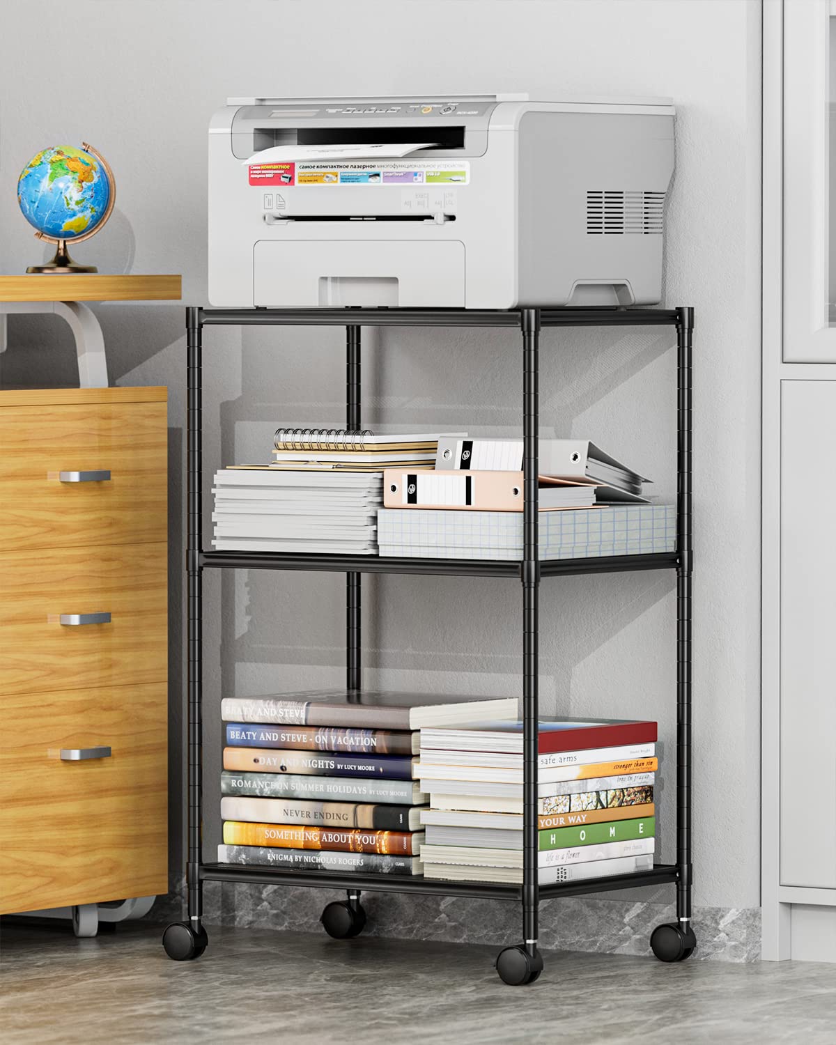 OVICAR 3-Tier Wire Storage Shelves, Adjustable Shelving Units with Wheels, Steel Metal Storage Rack for Kitchen Pantry Closet Bathroom Laundry, Durable Organizer Garage Tool Storage Shelf