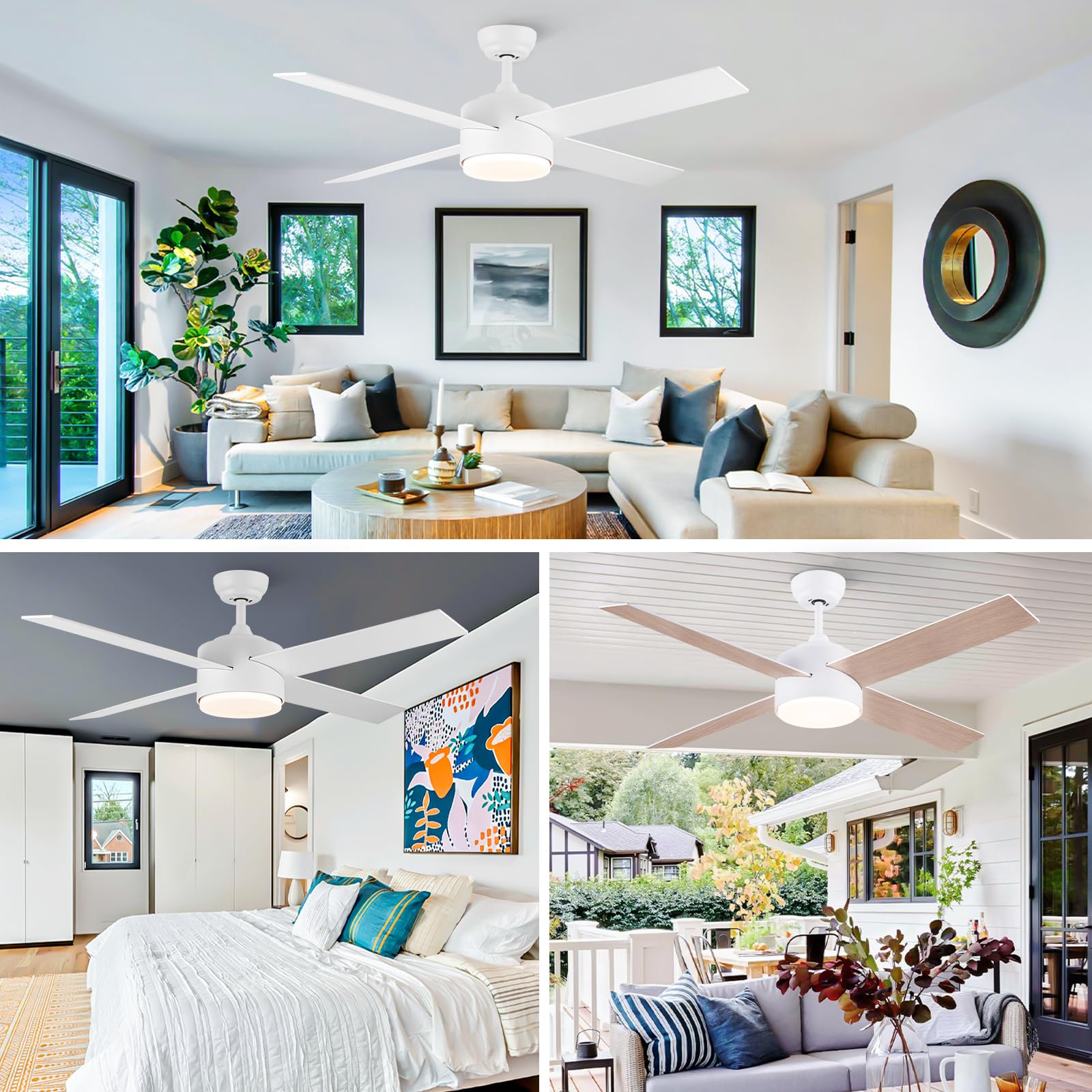 SNJ White Ceiling Fan with Light, 52" Ceiling Fans with Lights and Remote, Ceiling Fan for Indoor Bedroom, Dimmable, Quiet DC Motor, 4 Wooden Blades