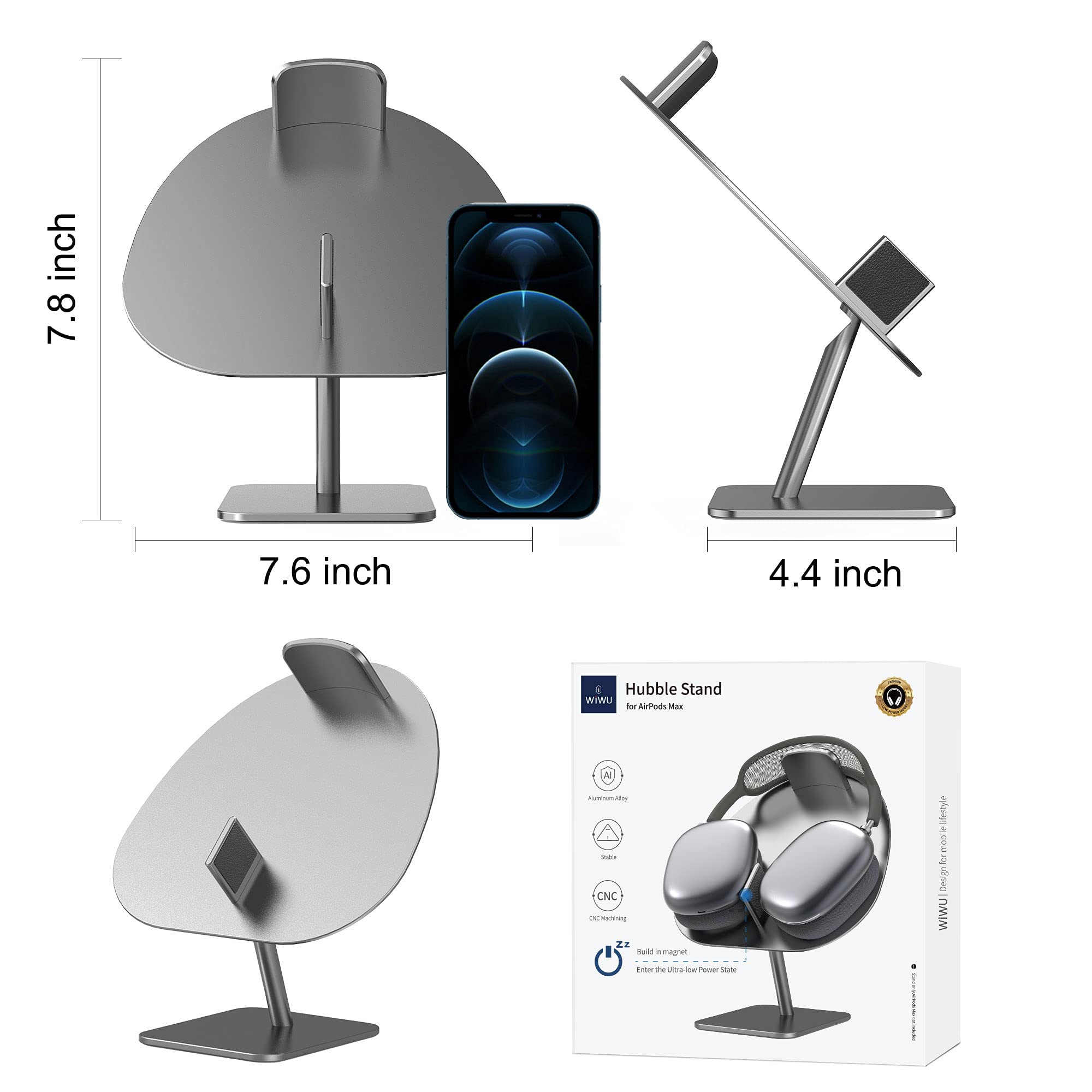 WIWU Headphone Stand Designed for AirPods Max, Headset Stand with Built-in Sleep Magnet, Aluminum Alloy Headphone Holder with Protective Silicone Pad, Solid Base, AirPods Max Accessory