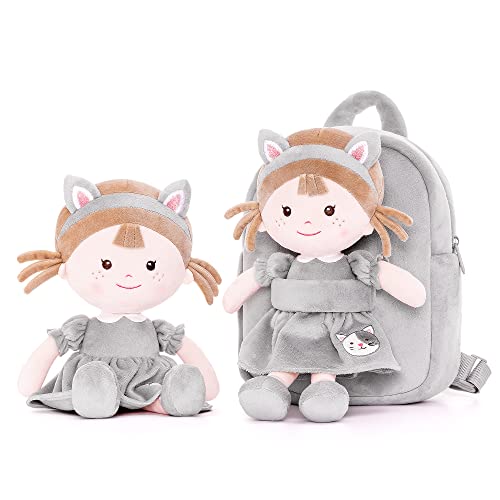 Onetoo Toddler Backpack Kids Backpacks with Soft Plush Baby Dolls Gray Cat 9.5"