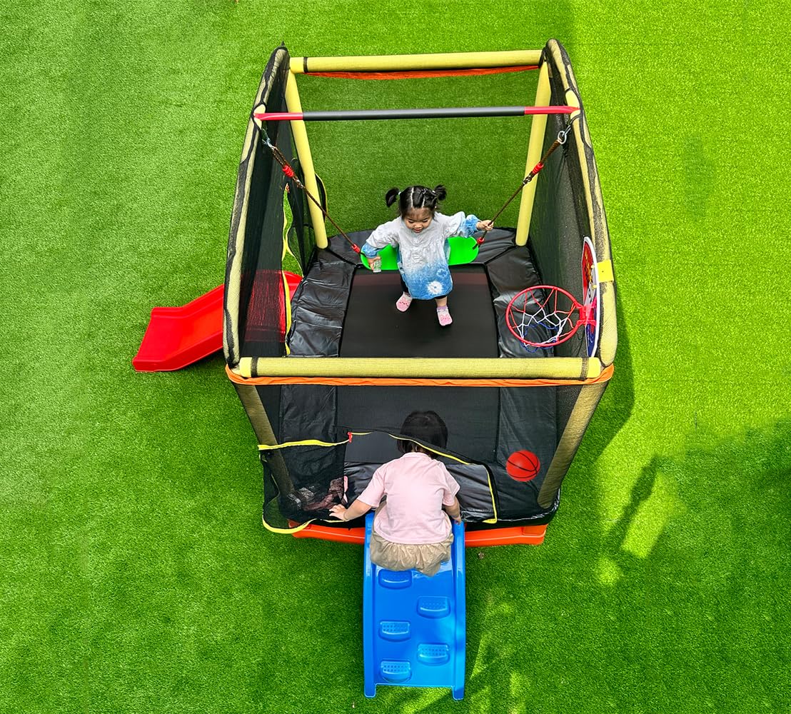 USPOINT 6.5ft Climb Slide Swing 7-in-1 Mini Rectangular Trampoline for Kids | Birthday Gift for Girls and Boys, Indoor Outdoor Toddler's Trampoline with Safety Net Enclosure, Padding, Zipper