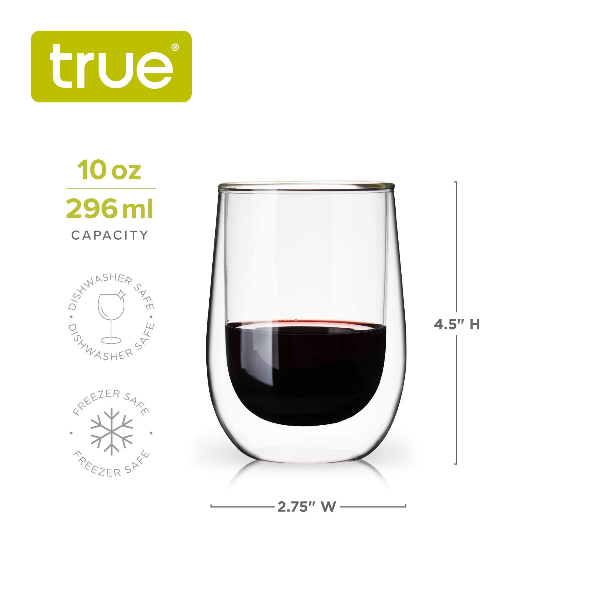 True Insulated Wine Glasses - Double Walled Stemless Wine Glass Set - Dishwasher Safe Borosilicate Glass 10oz Set of 2