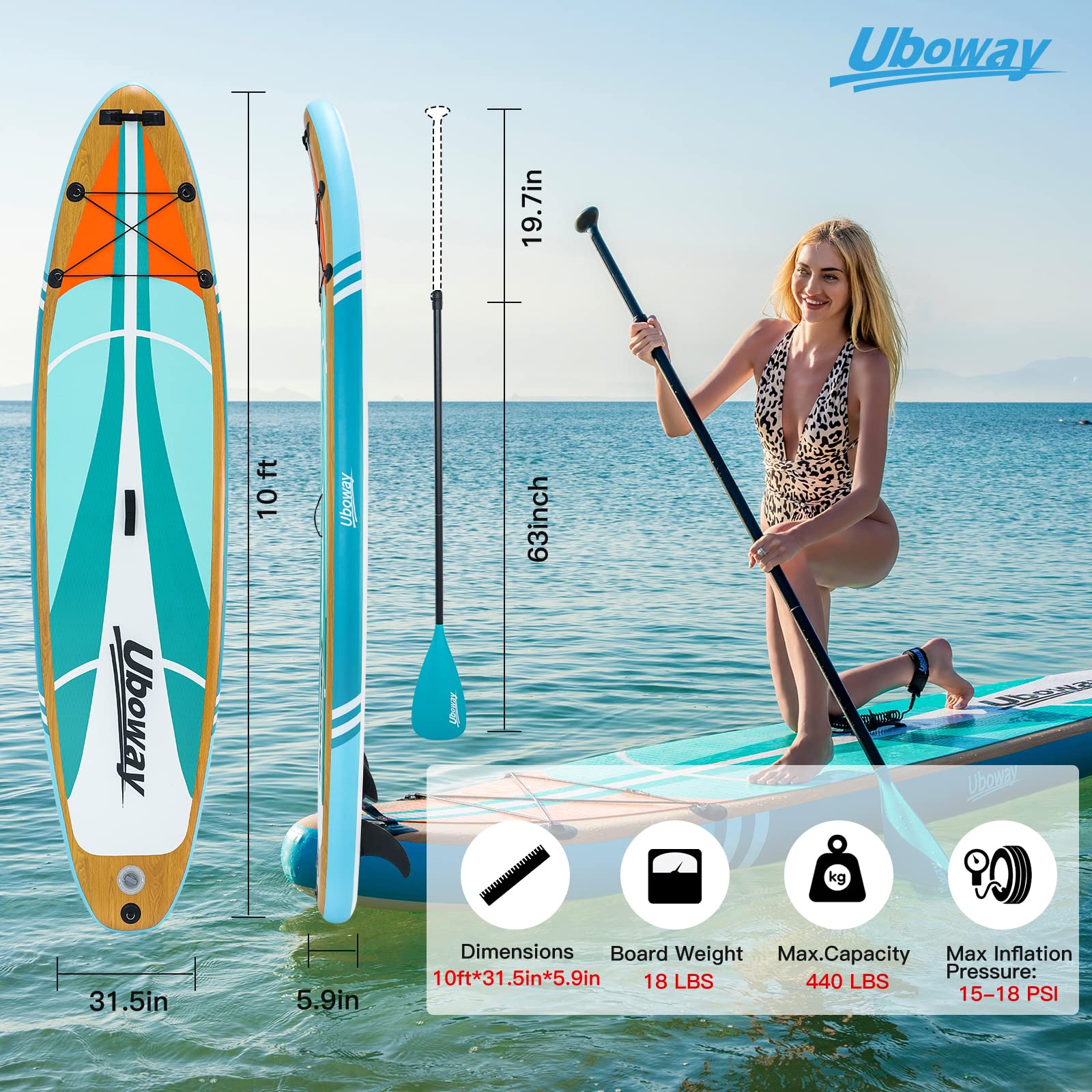 Uboway Inflatable Stand Up Paddle Board 11' Paddleboard Inflatable Ultra-Light with Premium Sup & Backpack Accessories for All Skill Levels, Non-Slip Deck, Dry Bag & Hand Pump, Fish Design