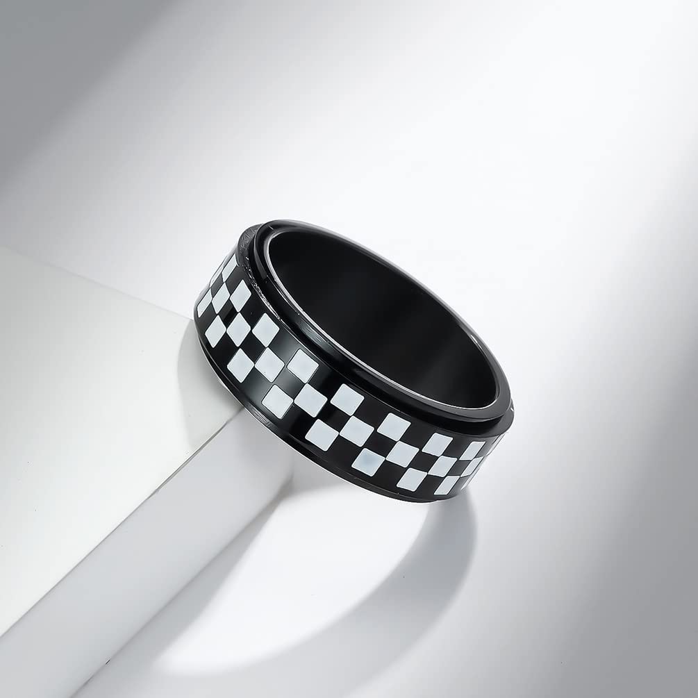 VUZALRANO 8mm Unisex Comfort Fit Stainless Steel Wedding Band Black White Blocks Pattern Ring Checkerboard Checkered Flag Racing Spinner Ring Black Size8