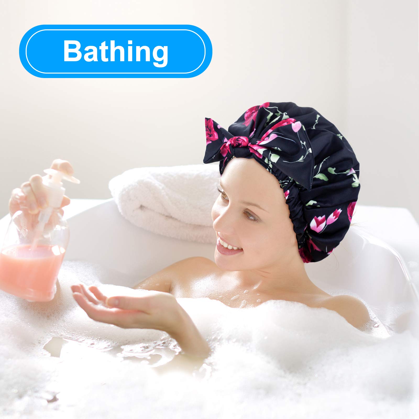 Reusable Shower Cap for Women Long Hair, Waterproof Large Shower Caps Adjustable, Washable, Breathable