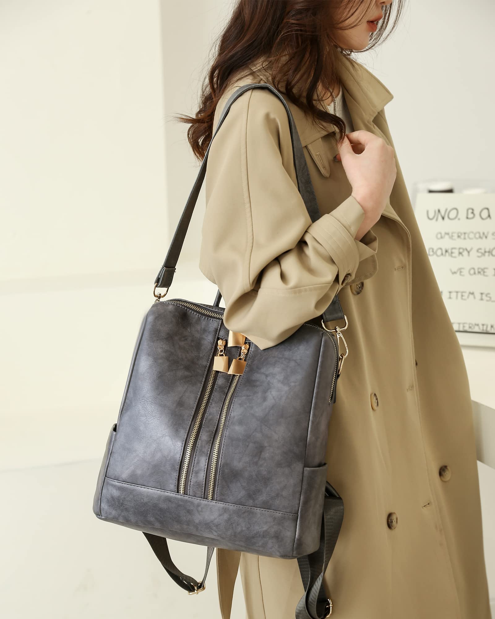 Women Fashion Backpack Purse,Leather Multipurpose Design Rucksack,Convertible Shoulder Bag Handbag with Wristlet (Grey1)